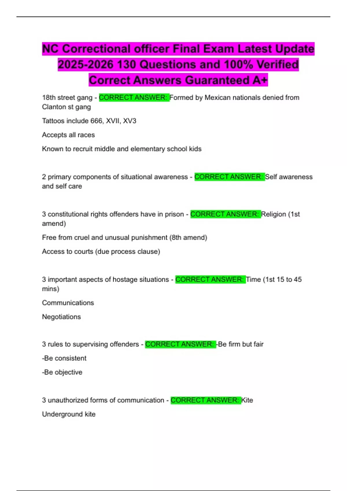 NC Correctional officer Final Exam Latest Update Questions and 100% ...