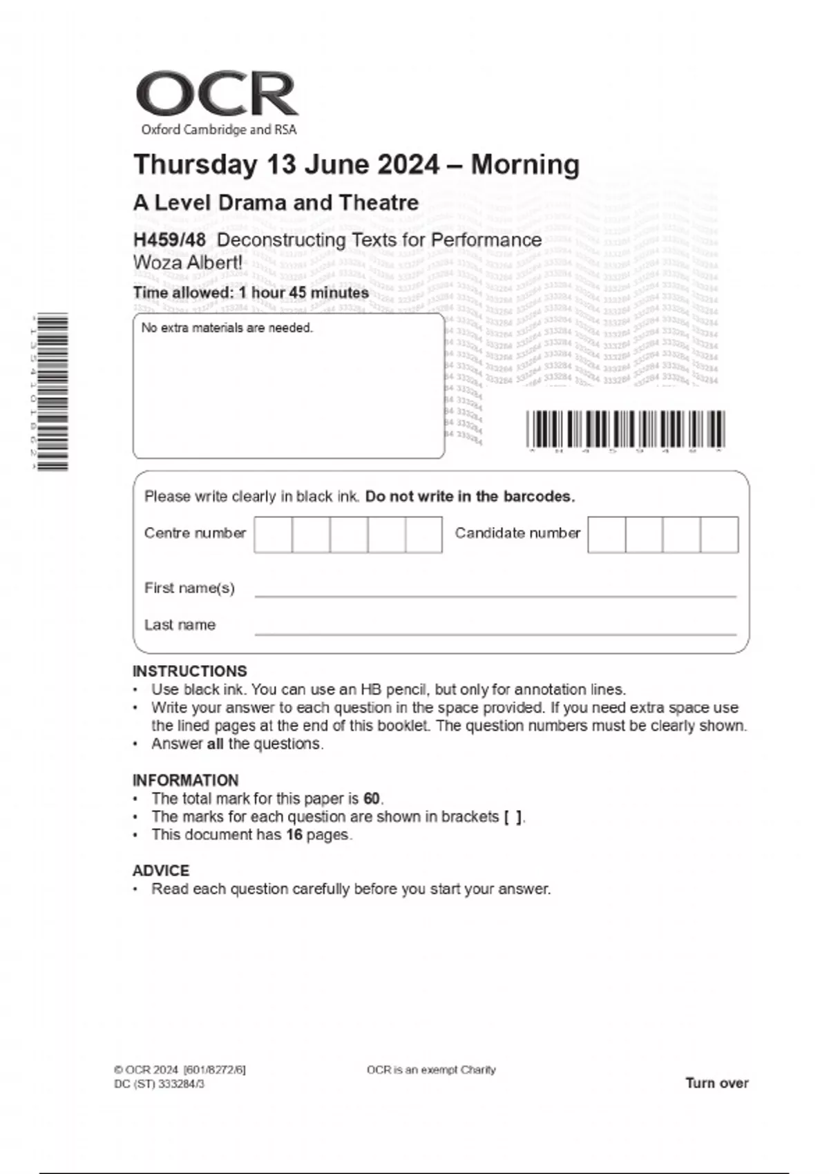 2024 OCR A Level Drama and Theatre H459/48 Deconstructing Texts for Performance Woza Albert ...