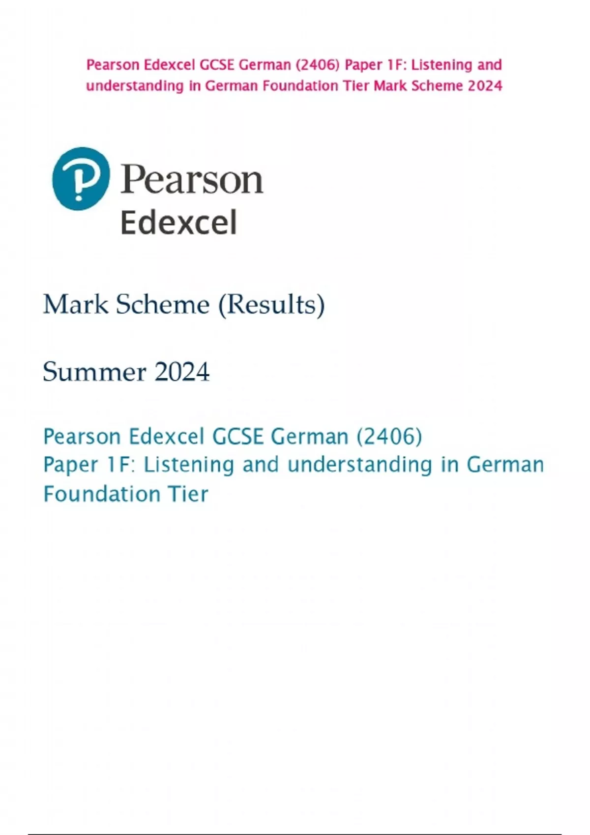 Pearson Edexcel GCSE German (2406) Paper 1F: Listening and ...