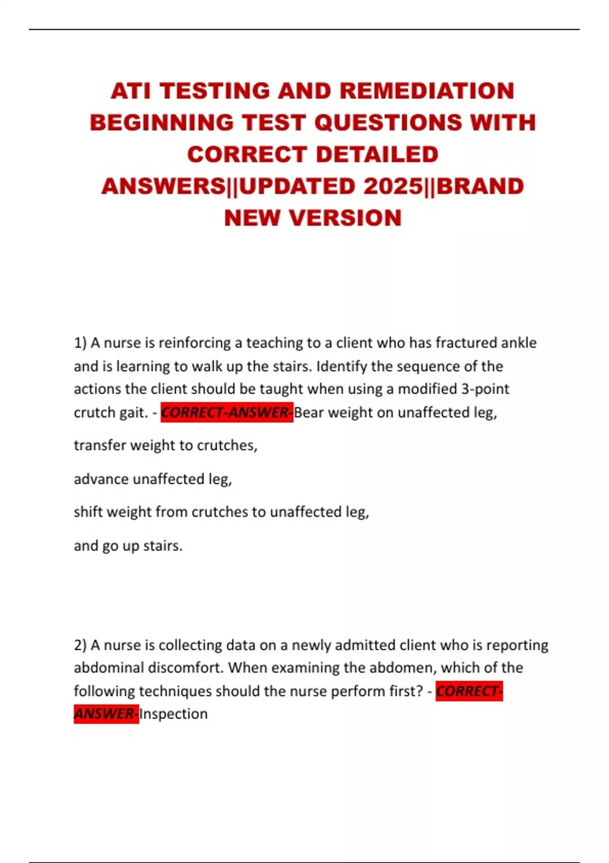 ATI TESTING AND REMEDIATION BEGINNING TEST QUESTIONS WITH CORRECT ...