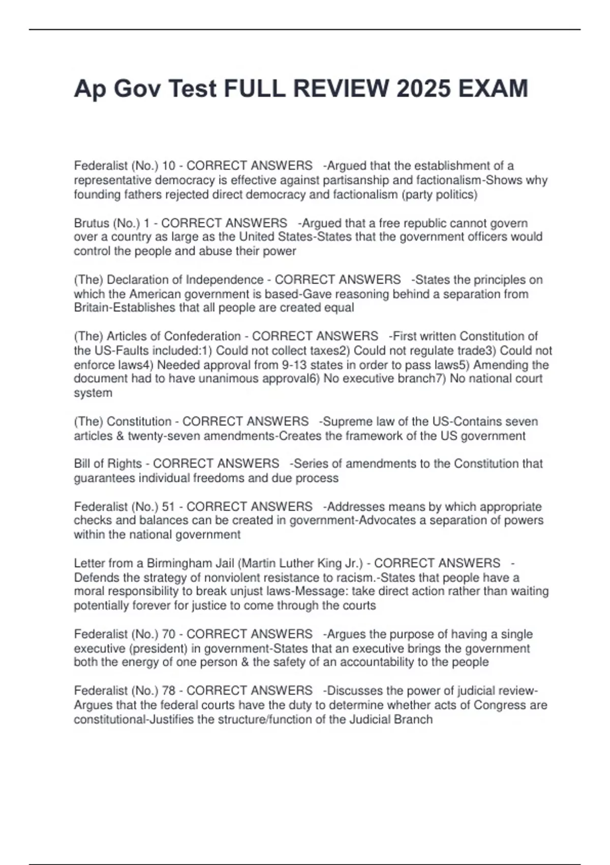 Ap Gov Test FULL REVIEW 2025 EXAM Federalist (No.) 10 - CORRECT ANSWERS ...