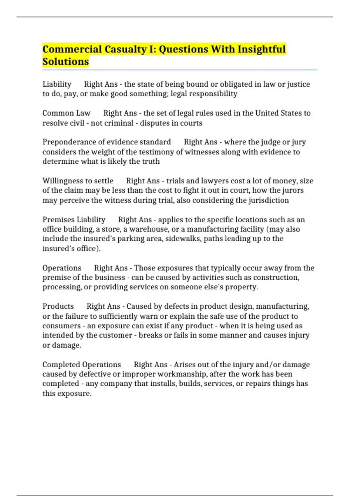 Commercial Casualty I: Questions With Insightful Solutions - Commercial Casualty - Stuvia US