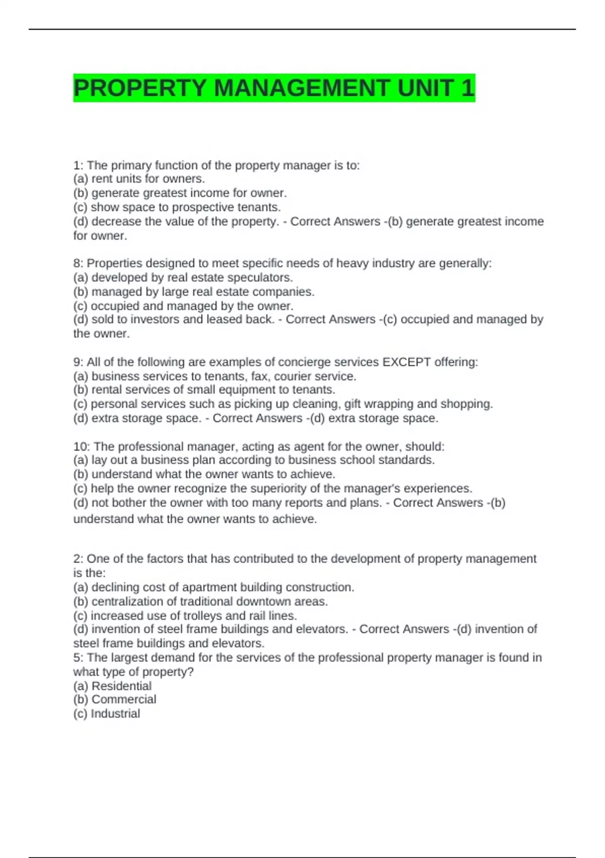 PROPERTY MANAGEMENT UNIT 1 EXAM QUESTIONS WITH CORRECT ANSWERS | GRADED A - PROPERTY MANAGEMENT ...