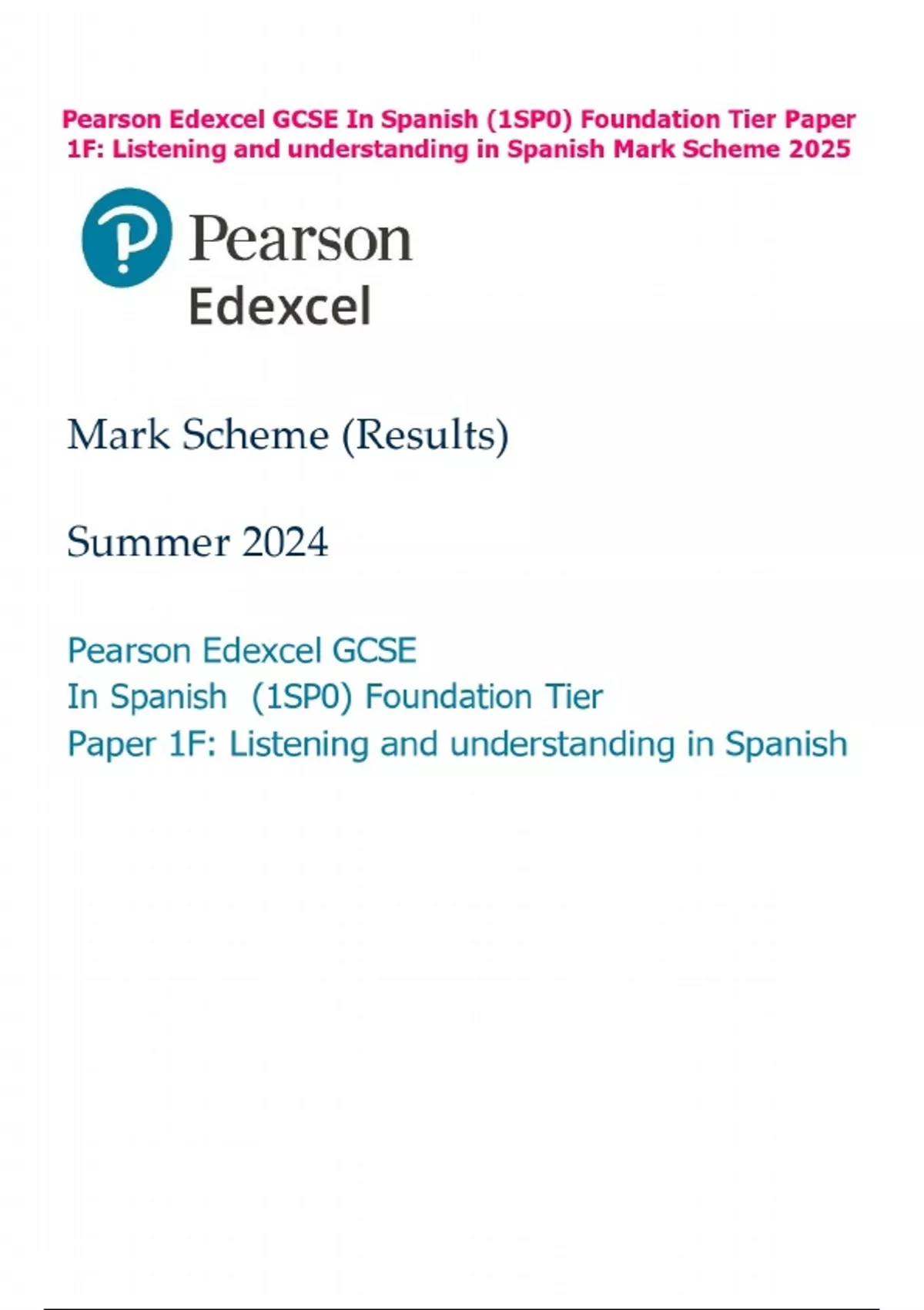 Pearson Edexcel GCSE In Spanish (1SP0) Foundation Tier Paper 1F ...