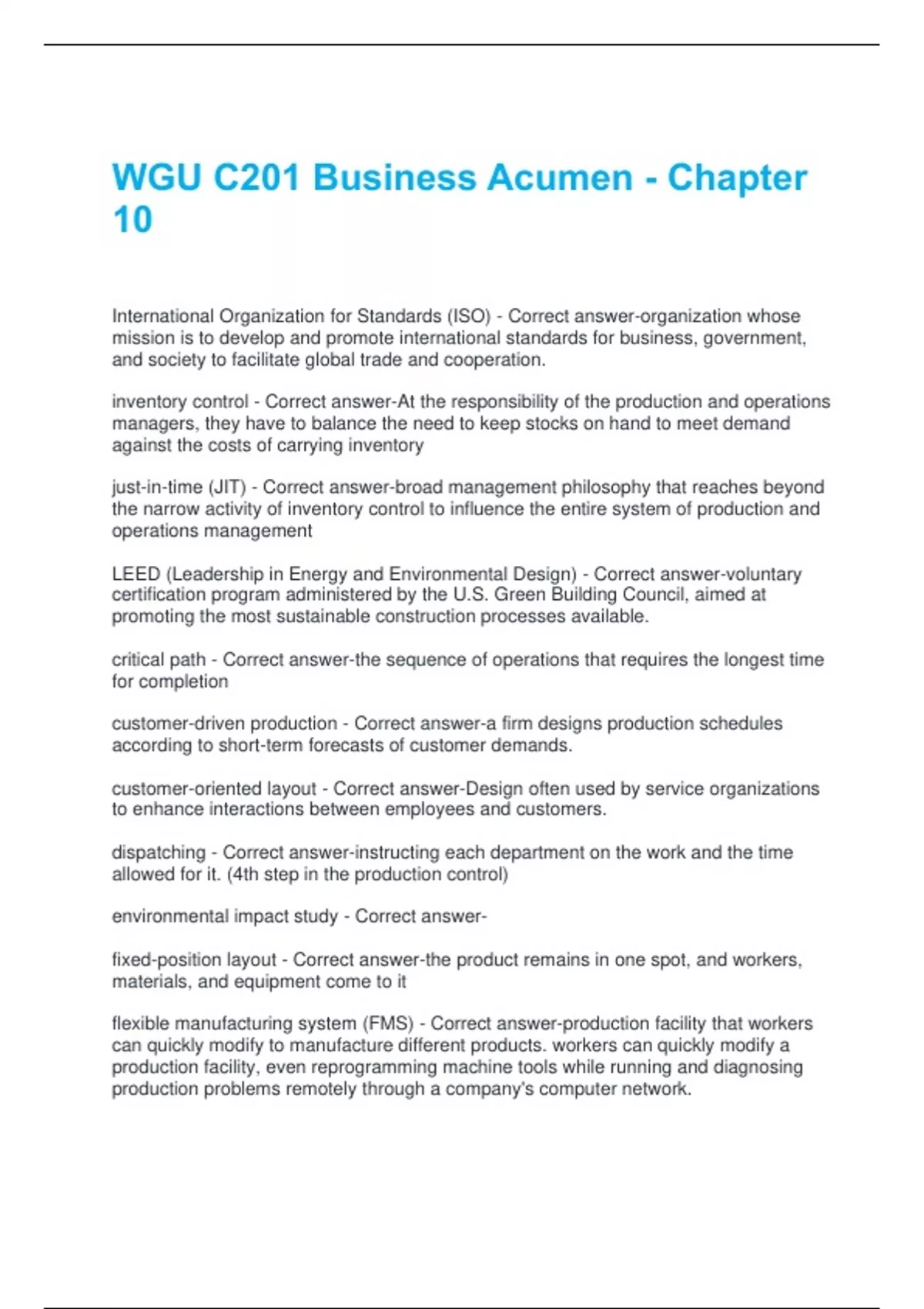 WGU C201 Business Acumen - Chapter 10 All Possible Questions and Answers with complete solution ...