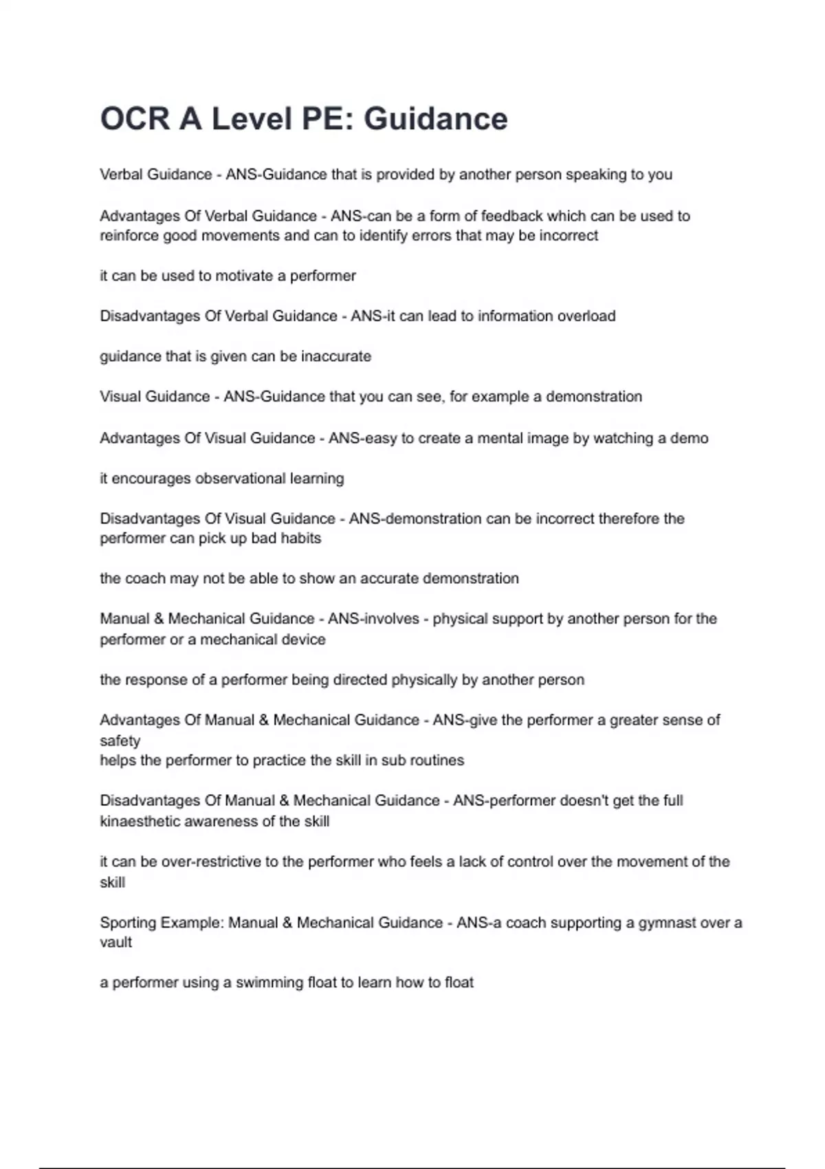 OCR A Level PE: Guidance Questions and answers graded A+ 2025/2026 ...