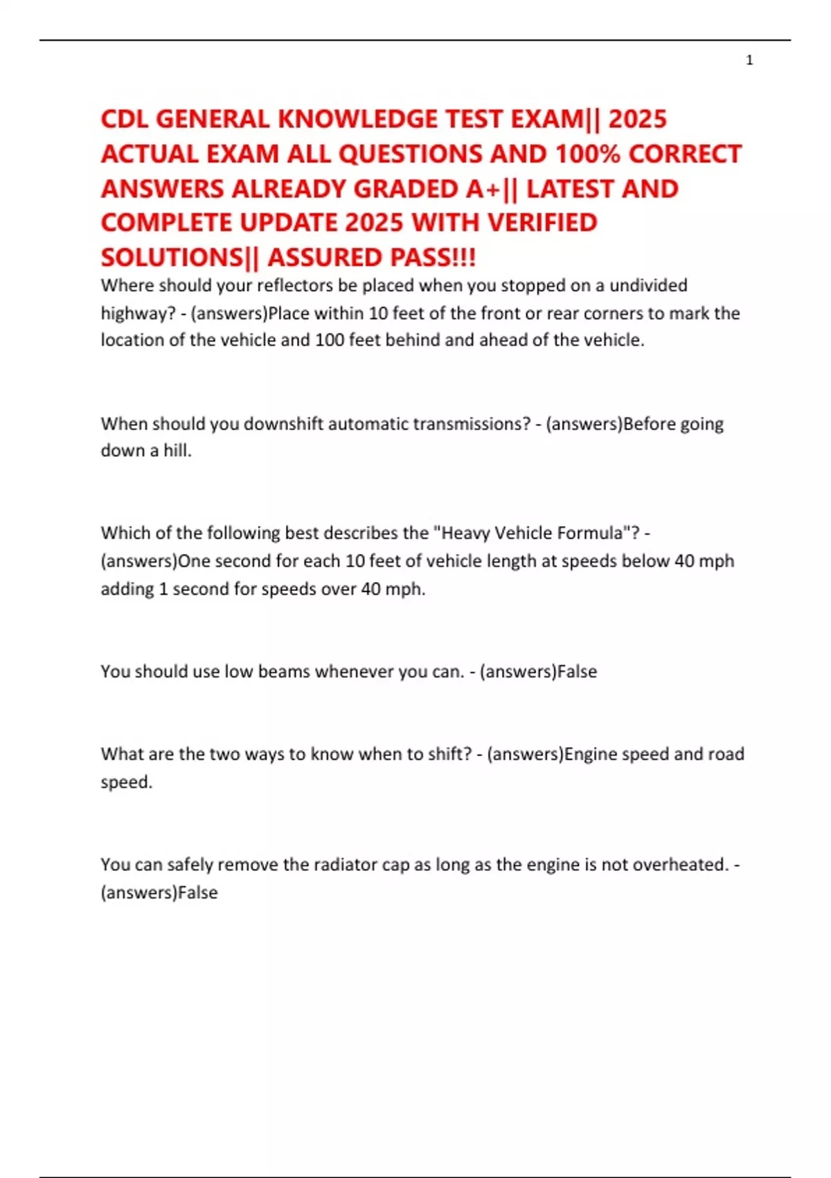 CDL GENERAL KNOWLEDGE TEST EXAM|| 2025 ACTUAL EXAM ALL QUESTIONS AND ...
