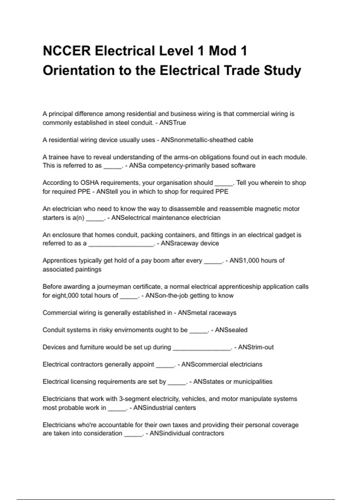 NCCER Electrical Level 1 Mod 1 Orientation to the Electrical Trade Study NEWEST 2025/2026 ACTUAL ...