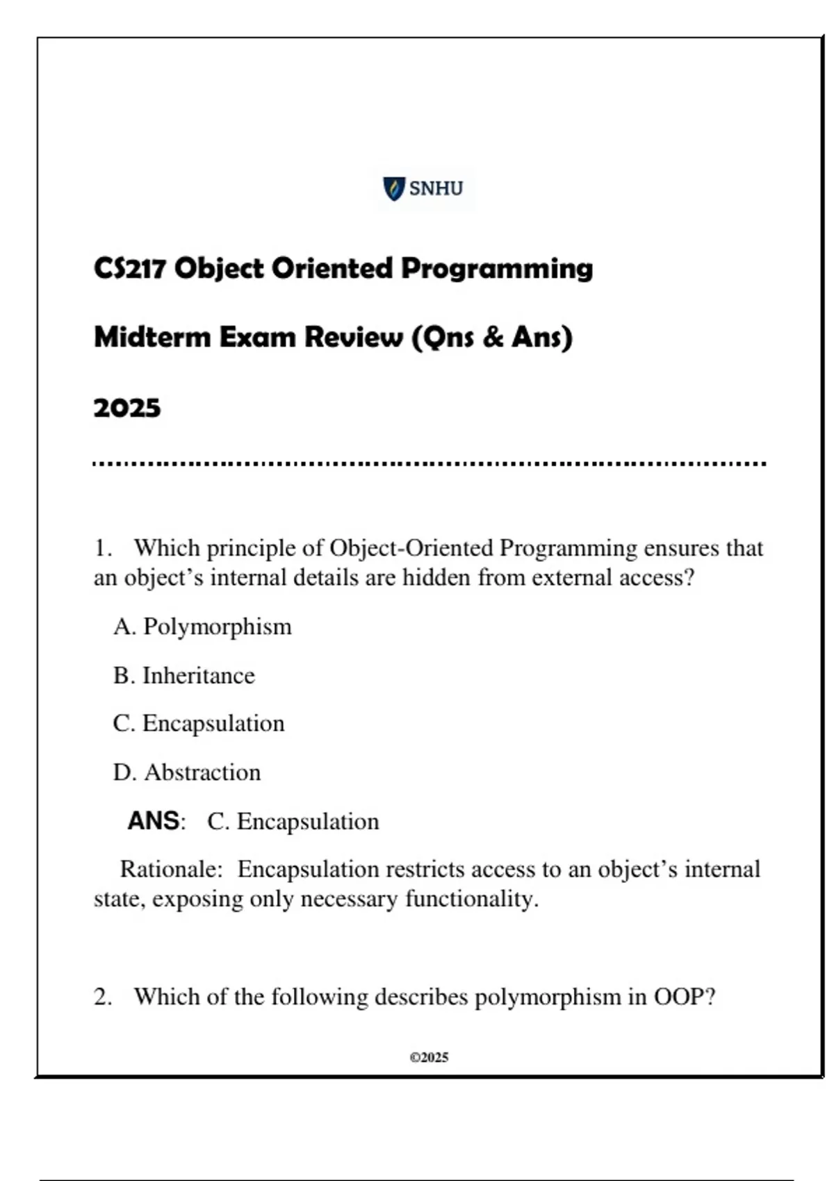 CS217 Object Oriented Prog Midterm Exam Review 2025 (With Solns - Computer Science - Stuvia US