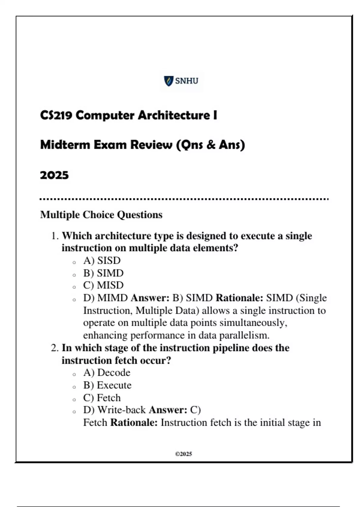 CS219 Comp Architecture I Midterm Exam Review 2025 (With Solns - Computer Science - Stuvia US
