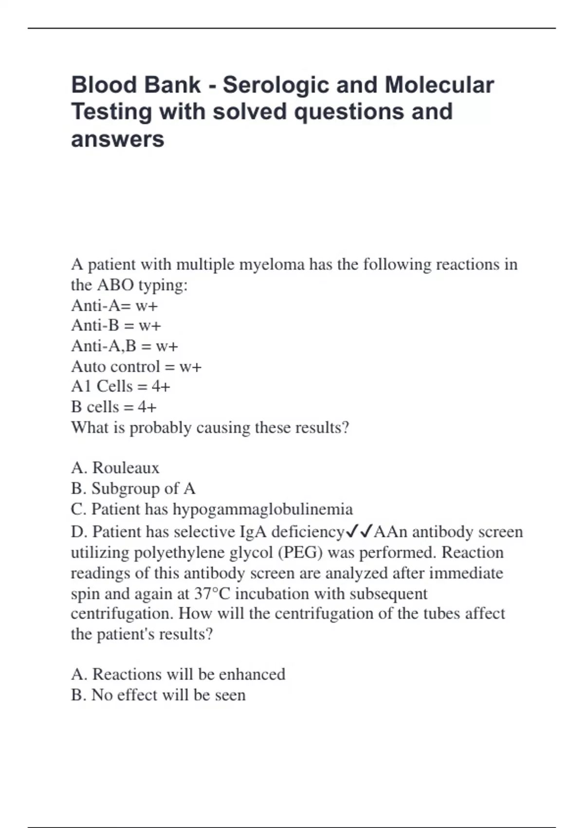 Blood Bank - Serologic and Molecular Testing with solved questions and ...