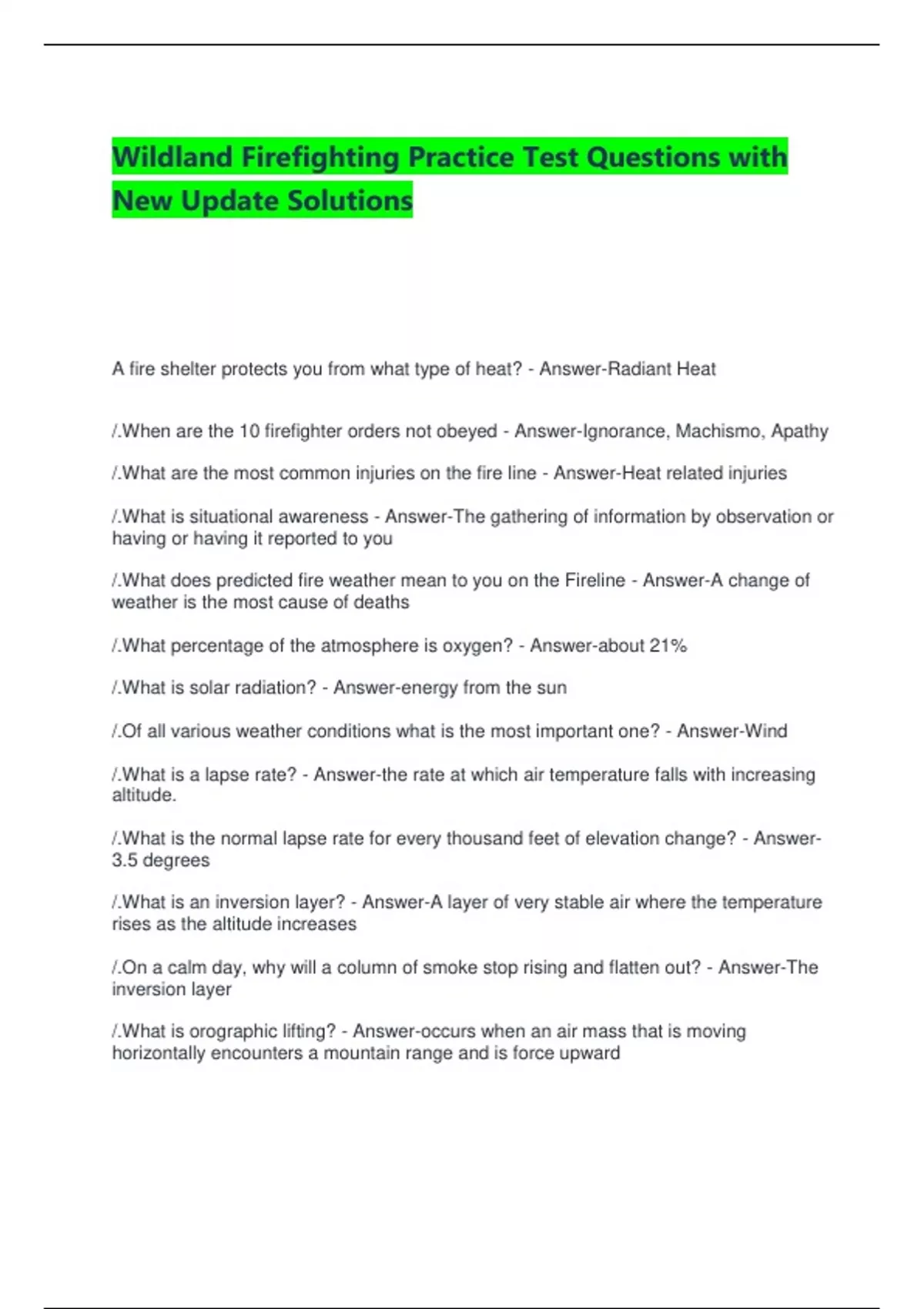 Wildland Firefighting Practice Test Questions with New Update Solutions ...