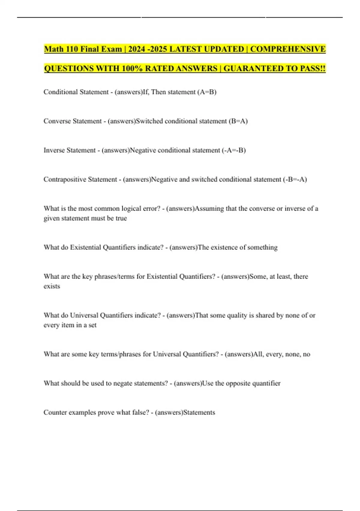 Math 110 Final Exam | LATEST UPDATED | COMPREHENSIVE QUESTIONS WITH 100 ...