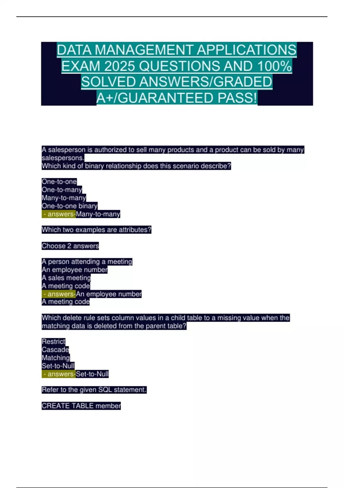 Data Management Applications Exam 2025 – 100% Verified Questions & Answers (SQL, Database Design ...