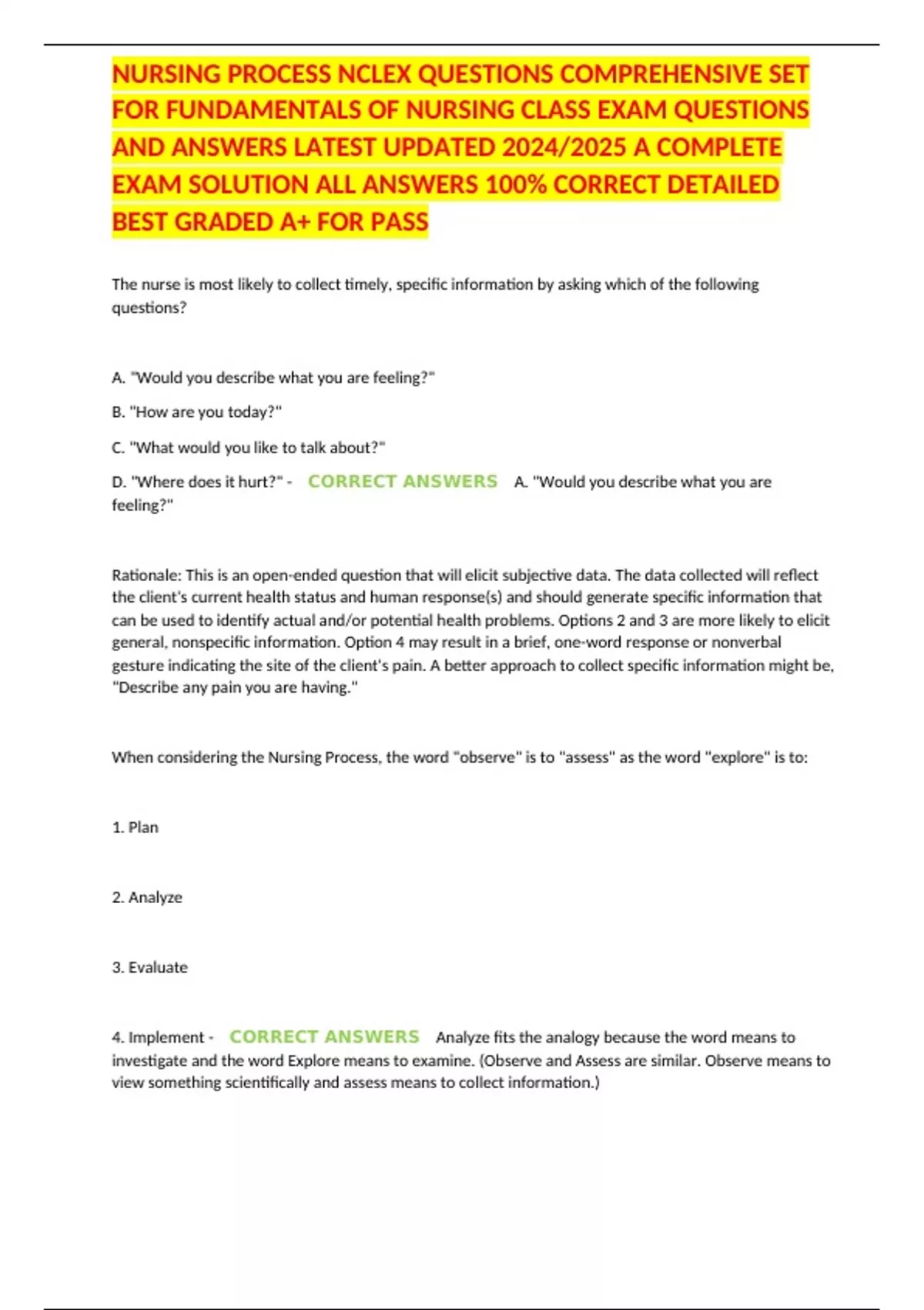 NURSING PROCESS NCLEX QUESTIONS COMPREHENSIVE SET FOR FUNDAMENTALS OF ...