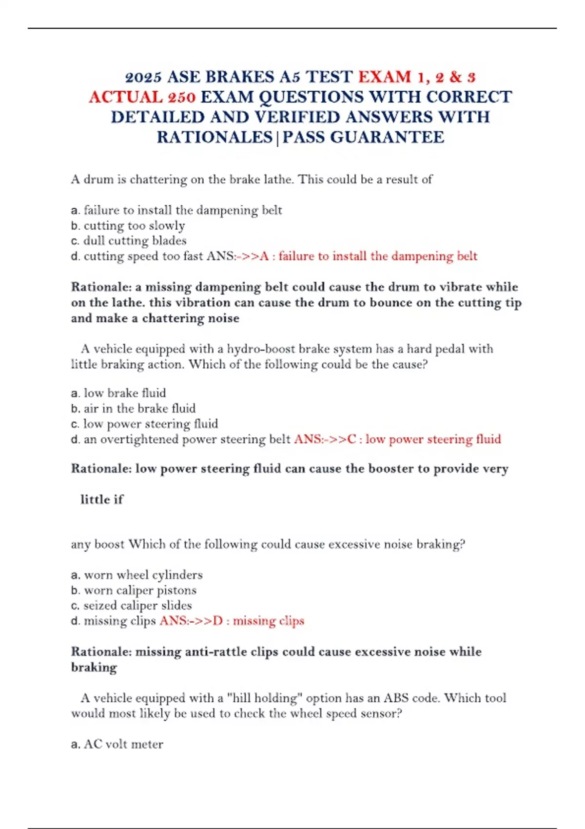 2025 ASE BRAKES A5 TEST EXAM 1, 2 & 3 ACTUAL 250 EXAM QUESTIONS WITH ...