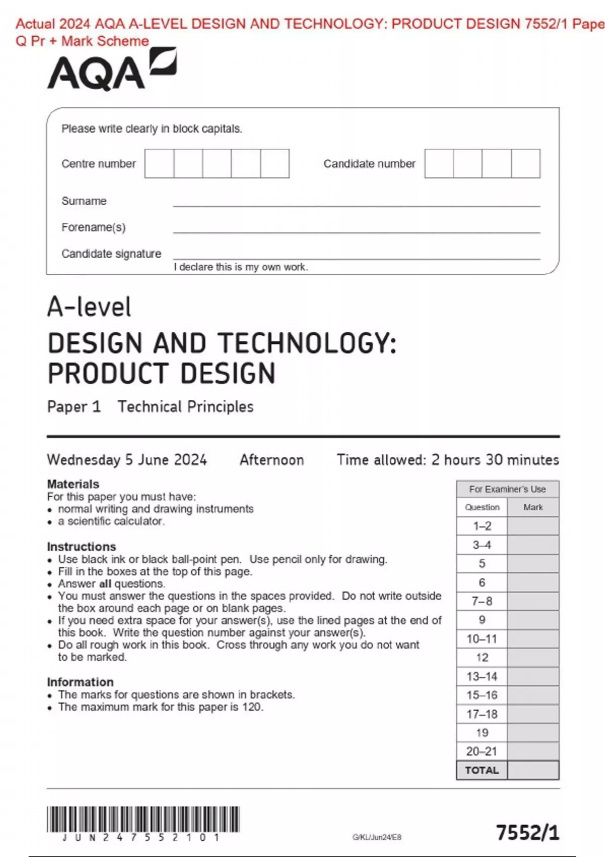 Actual 2024 AQA A-LEVEL DESIGN AND TECHNOLOGY: PRODUCT DESIGN 7552/1 ...