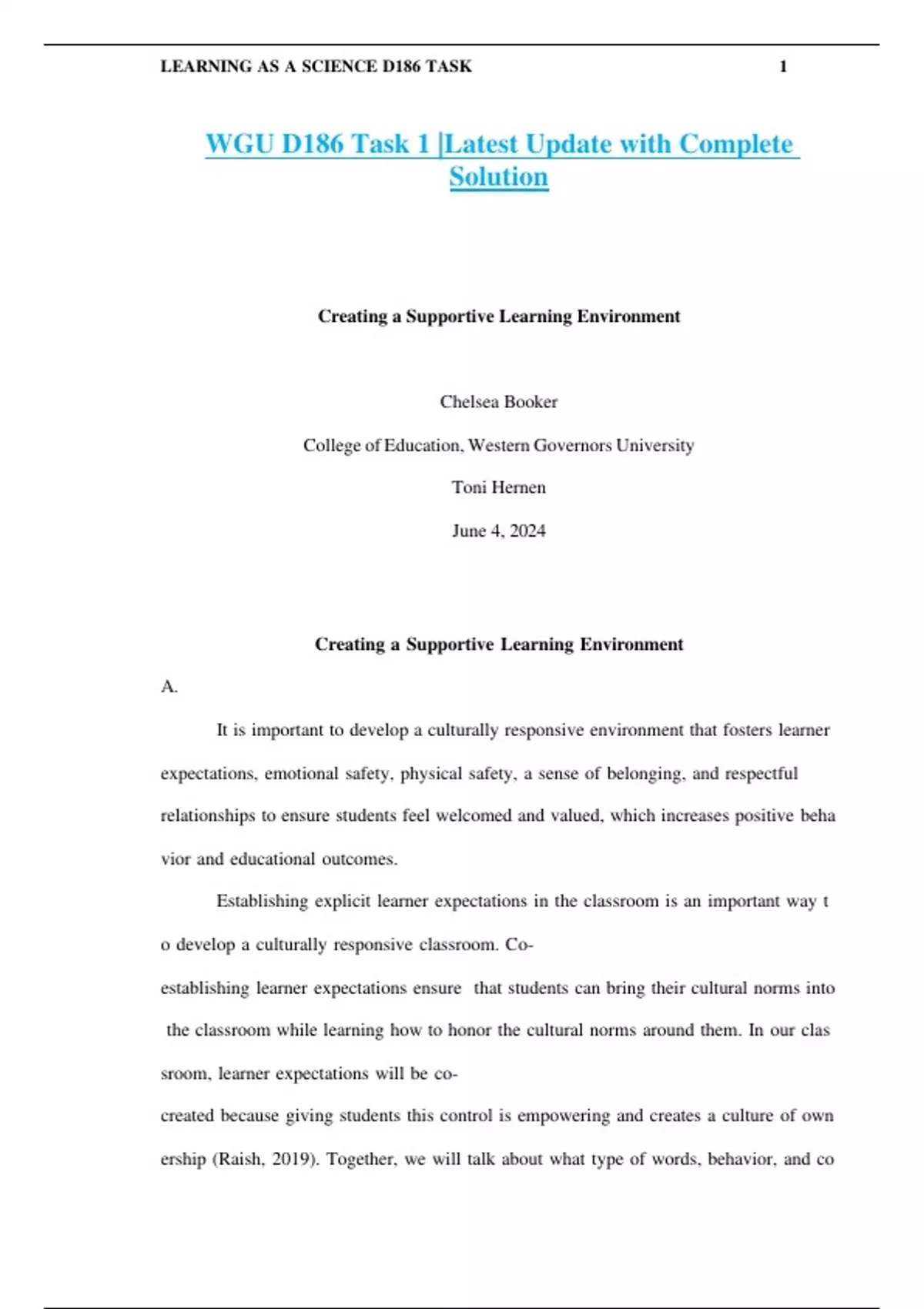 WGU D186 Task 1 |Latest Update with Complete Solution - D186 - Stuvia US