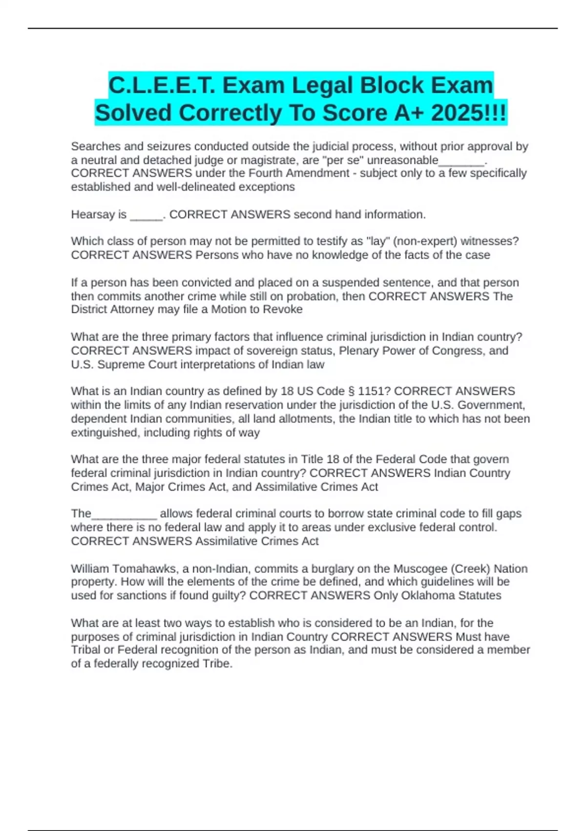 C.L.E.E.T. Exam Legal Block Exam Solved Correctly To Score A+ 2025 ...