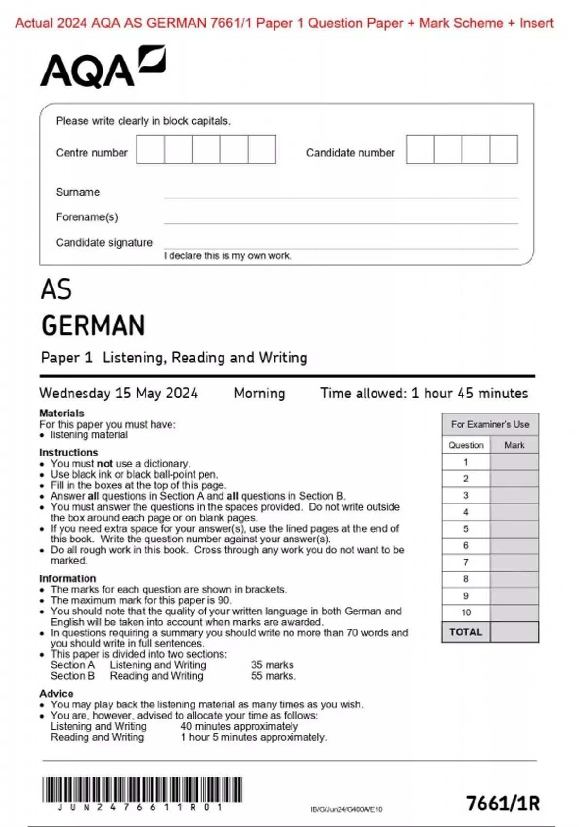 Actual 2024 AQA AS GERMAN 7661/1 Paper 1 Question Paper + Mark Scheme ...