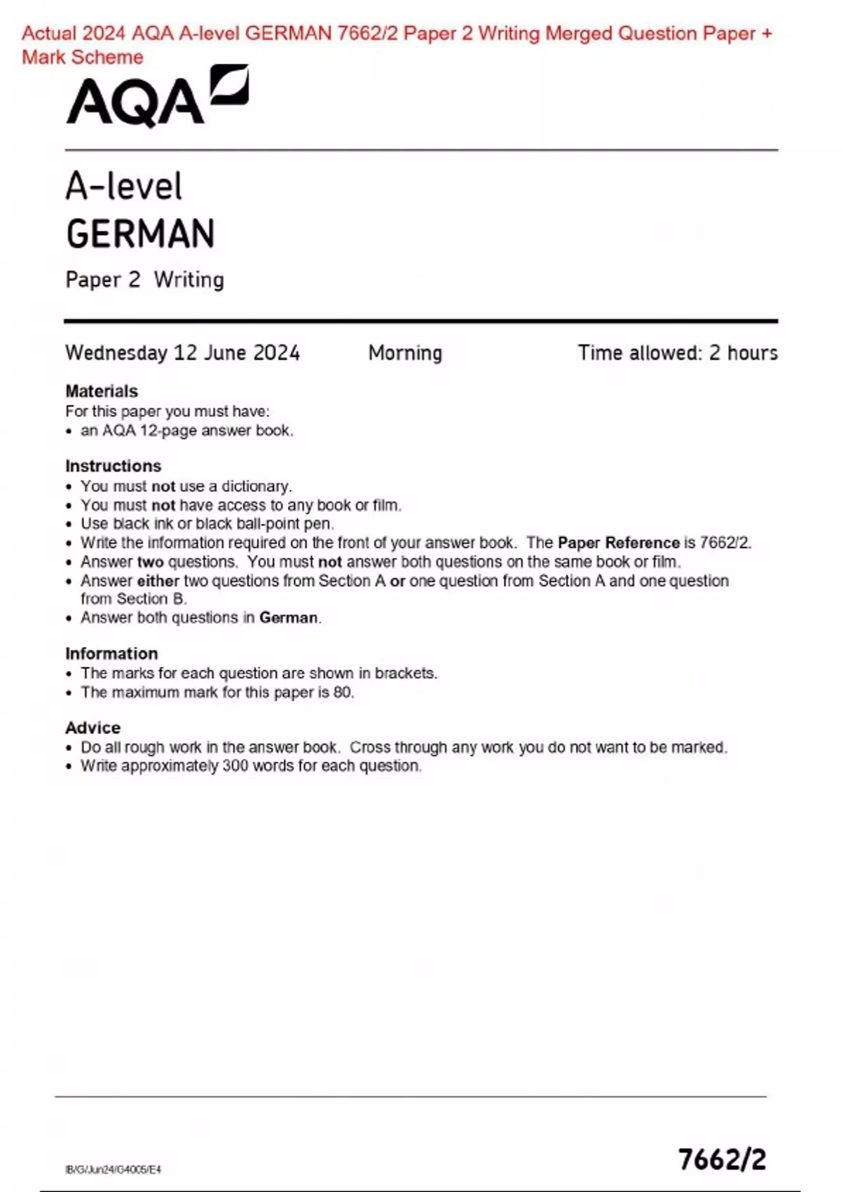 Actual 2024 AQA A-level GERMAN 7662/2 Paper 2 Writing Merged Question ...