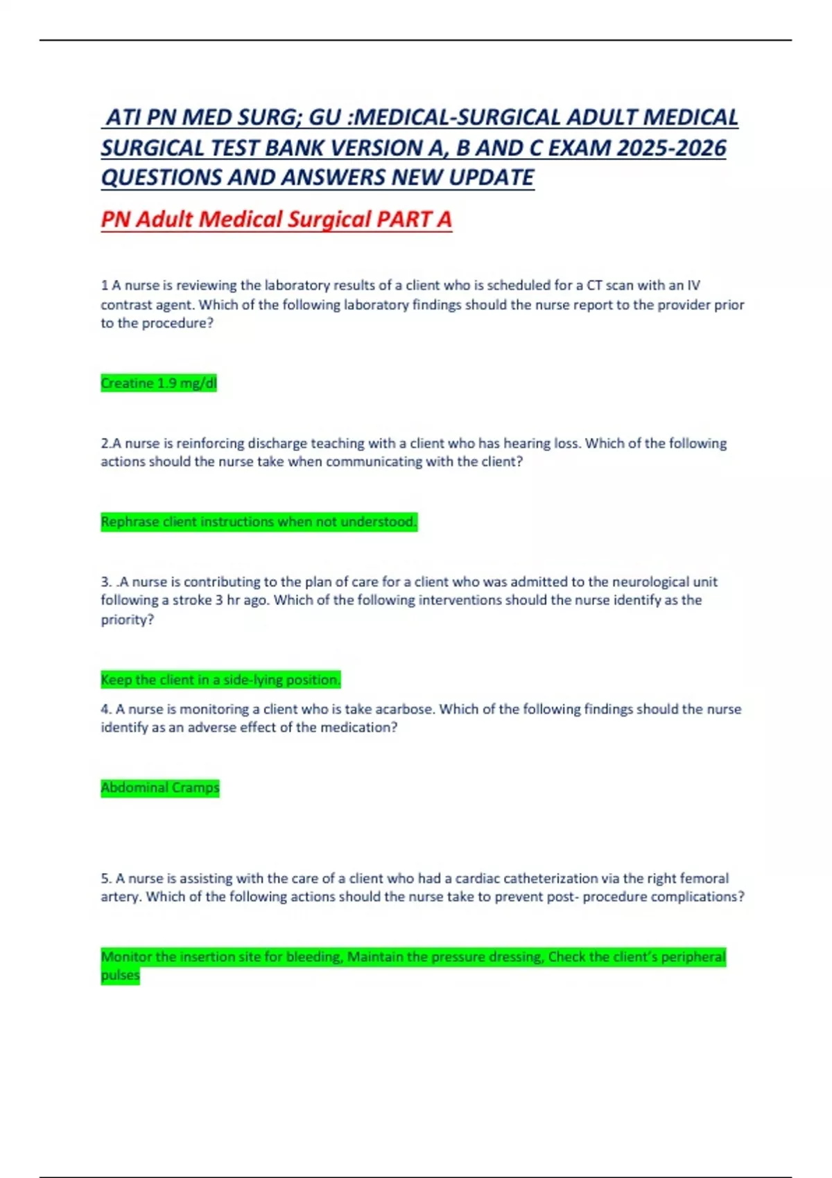 ATI PN MED SURG GU MEDICAL SURGICAL ADULT MEDICAL SURGICAL TEST BANK ...