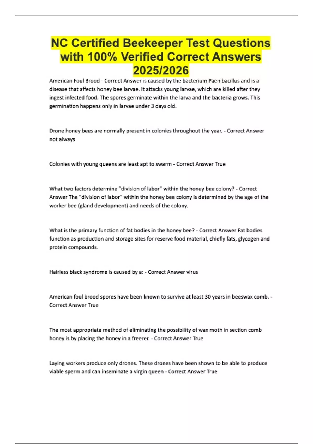 NC Certified Beekeeper Test Questions with 100% Verified Correct ...