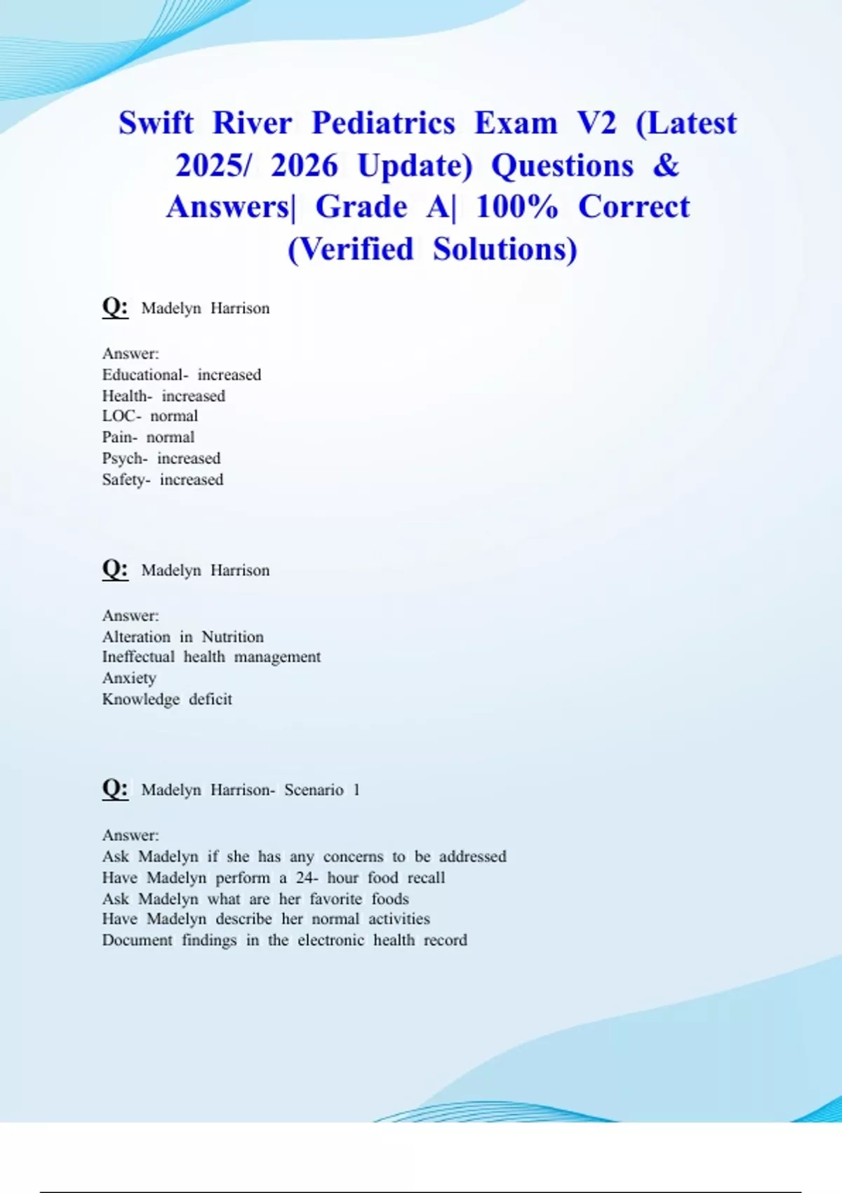 Swift River Pediatrics Exam V2 (Latest 2025/ 2026 Update) Questions ...