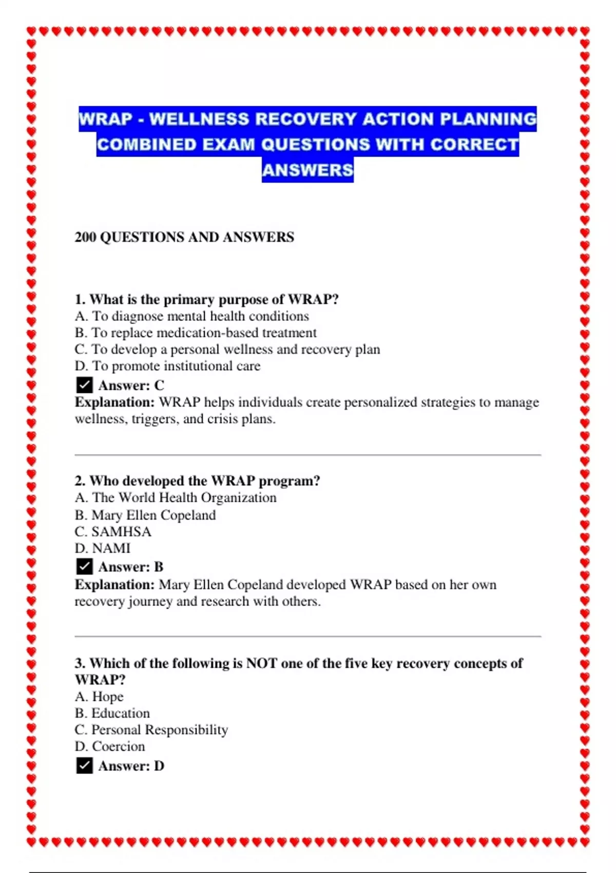WRAP - WELLNESS RECOVERY ACTION PLANNING COMBINED EXAM QUESTIONS WITH ...