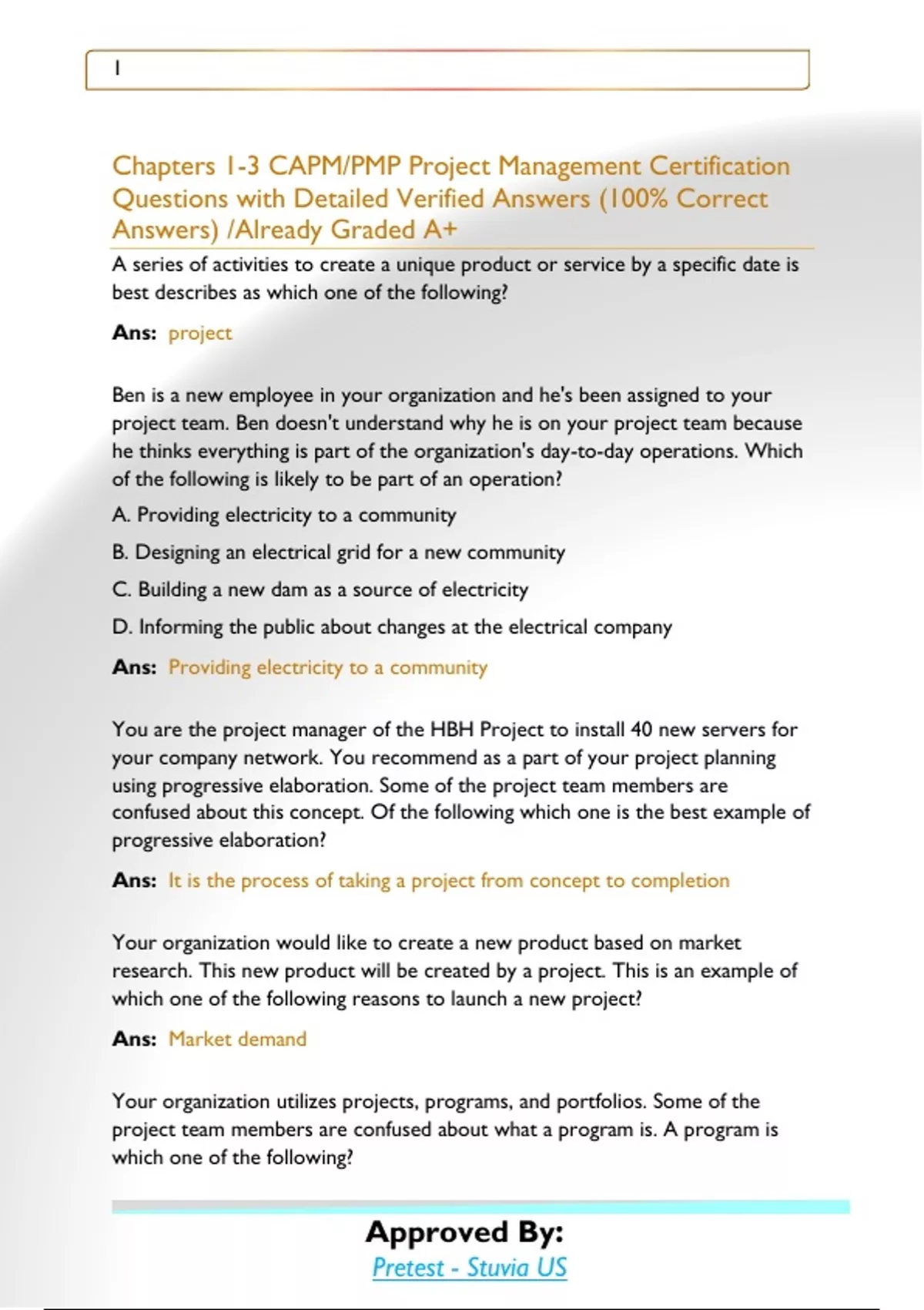 Chapters 1-3 CAPM/PMP Project Management Certification Questions with Detailed Verified Answers ...