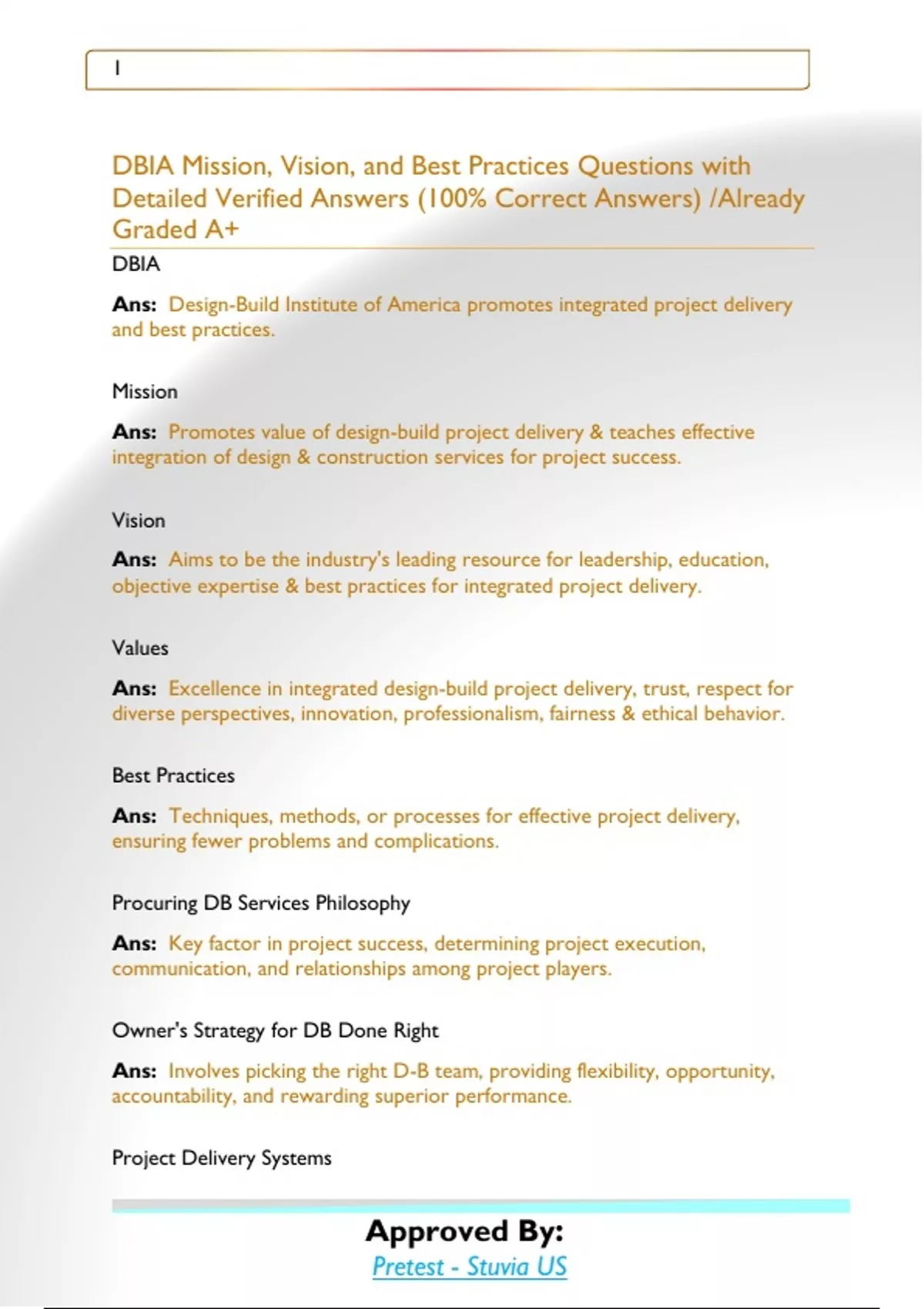 DBIA Mission, Vision, and Best Practices Questions with Detailed ...