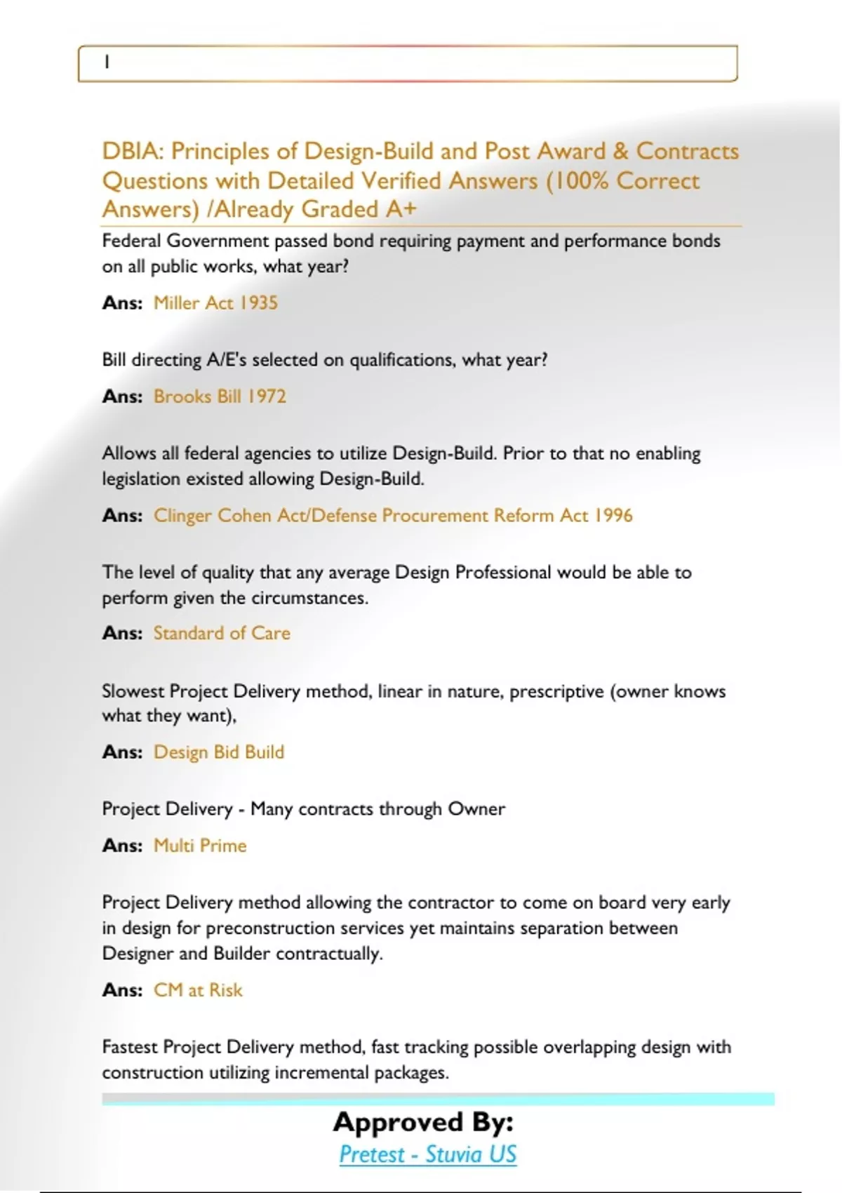 DBIA: Principles of Design-Build and Post Award & Contracts Questions ...
