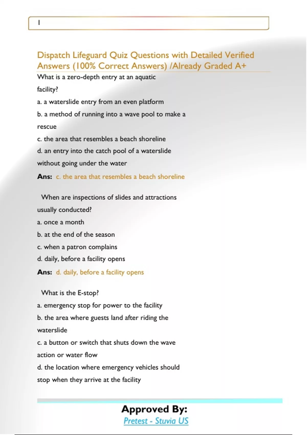 Dispatch Lifeguard Quiz Questions with Detailed Verified Answers (100% ...