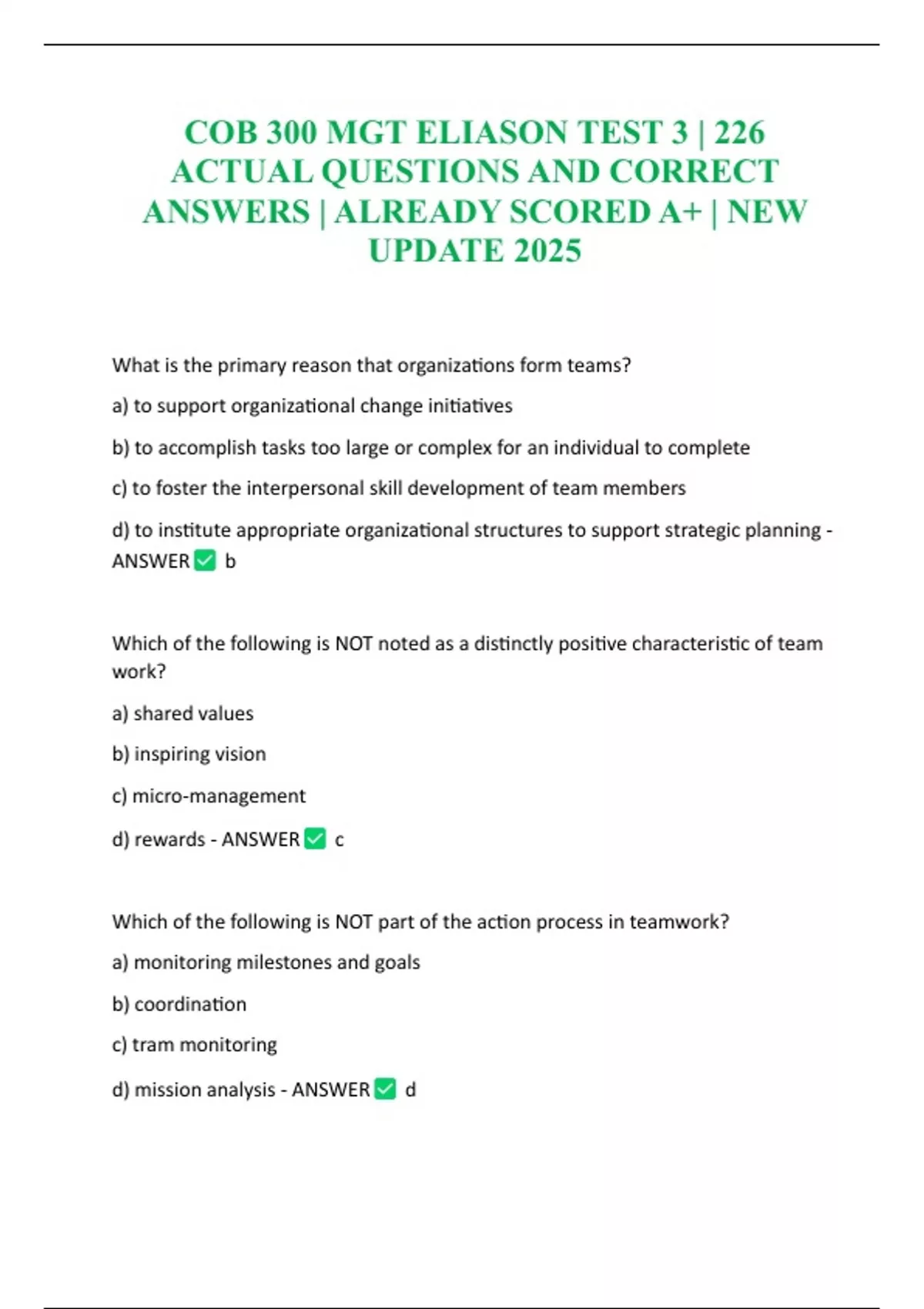 COB 300 MGT ELIASON TEST 3 | 226 ACTUAL QUESTIONS AND CORRECT ANSWERS ...