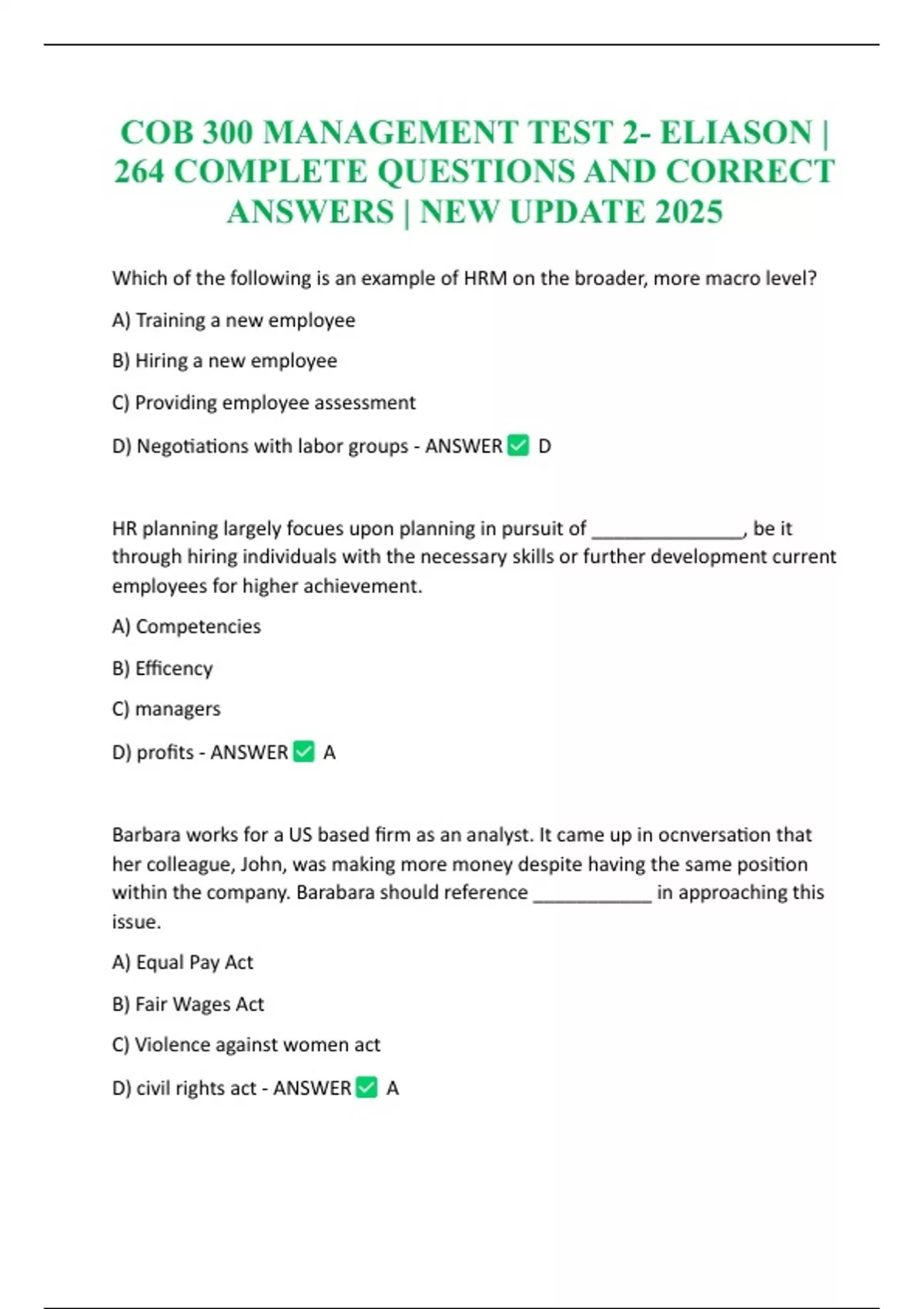 COB 300 MANAGEMENT TEST 2- ELIASON | 264 COMPLETE QUESTIONS AND CORRECT ...