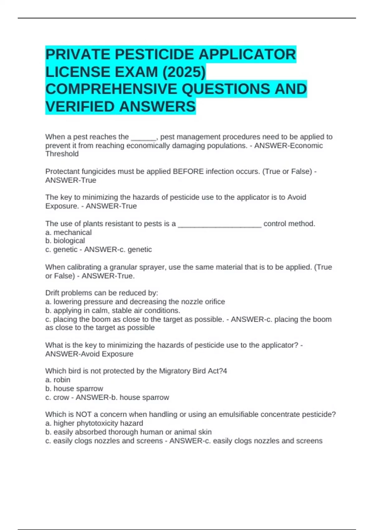 PRIVATE PESTICIDE APPLICATOR LICENSE EXAM (2025) COMPREHENSIVE QUESTIONS AND VERIFIED ANSWERS ...