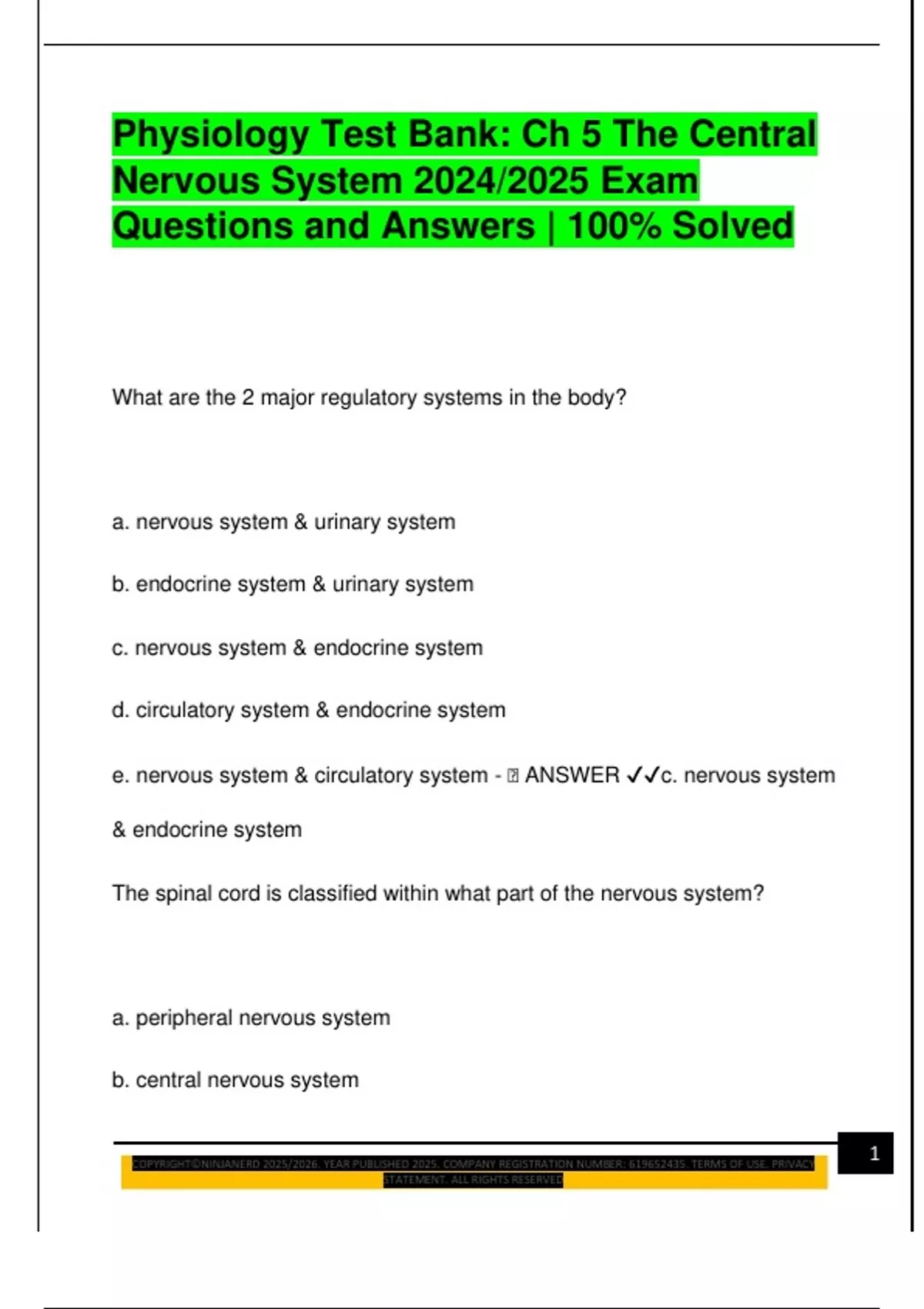 Physiology Test Bank: Ch 5 The Central Nervous System 2024/2025 Exam ...