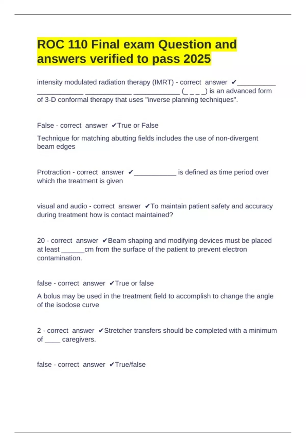 ROC 110 Final exam Question and answers verified to pass 2025 - ROC 110 ...