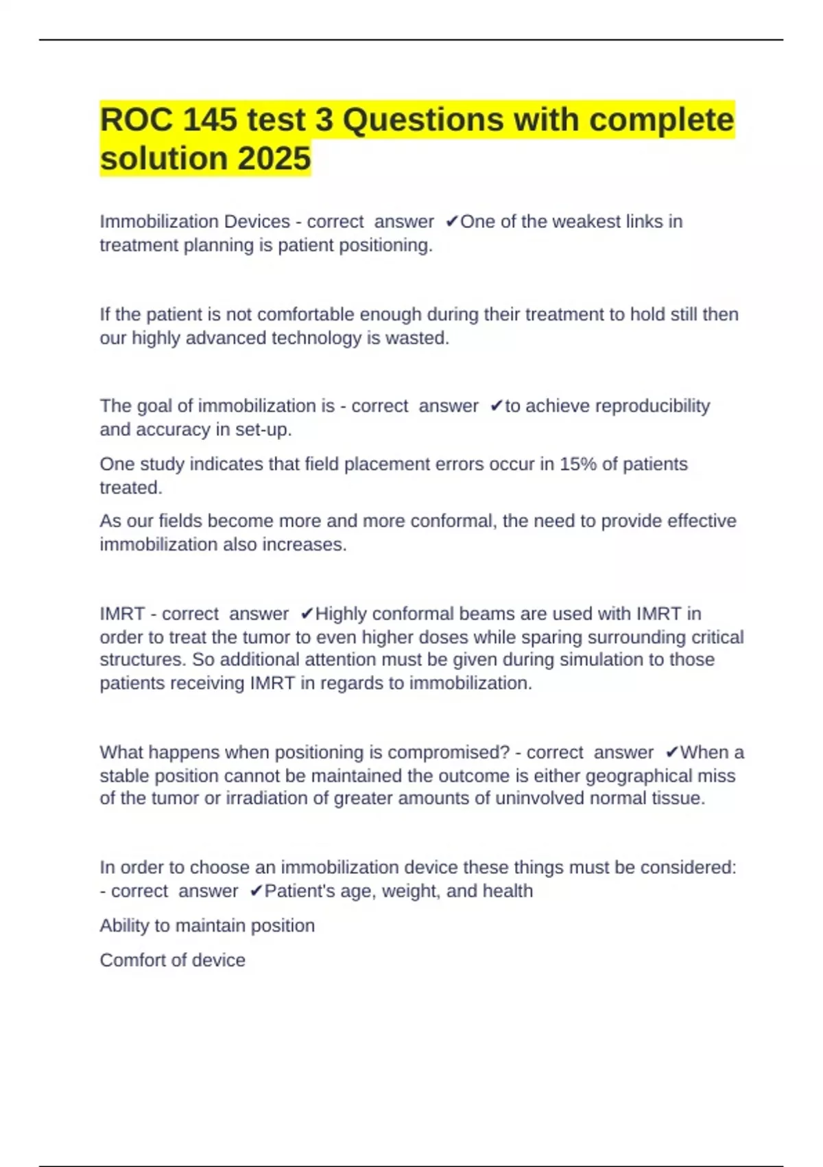 ROC 145 test 3 Questions with complete solution 2025 - ROC 145 - Stuvia US