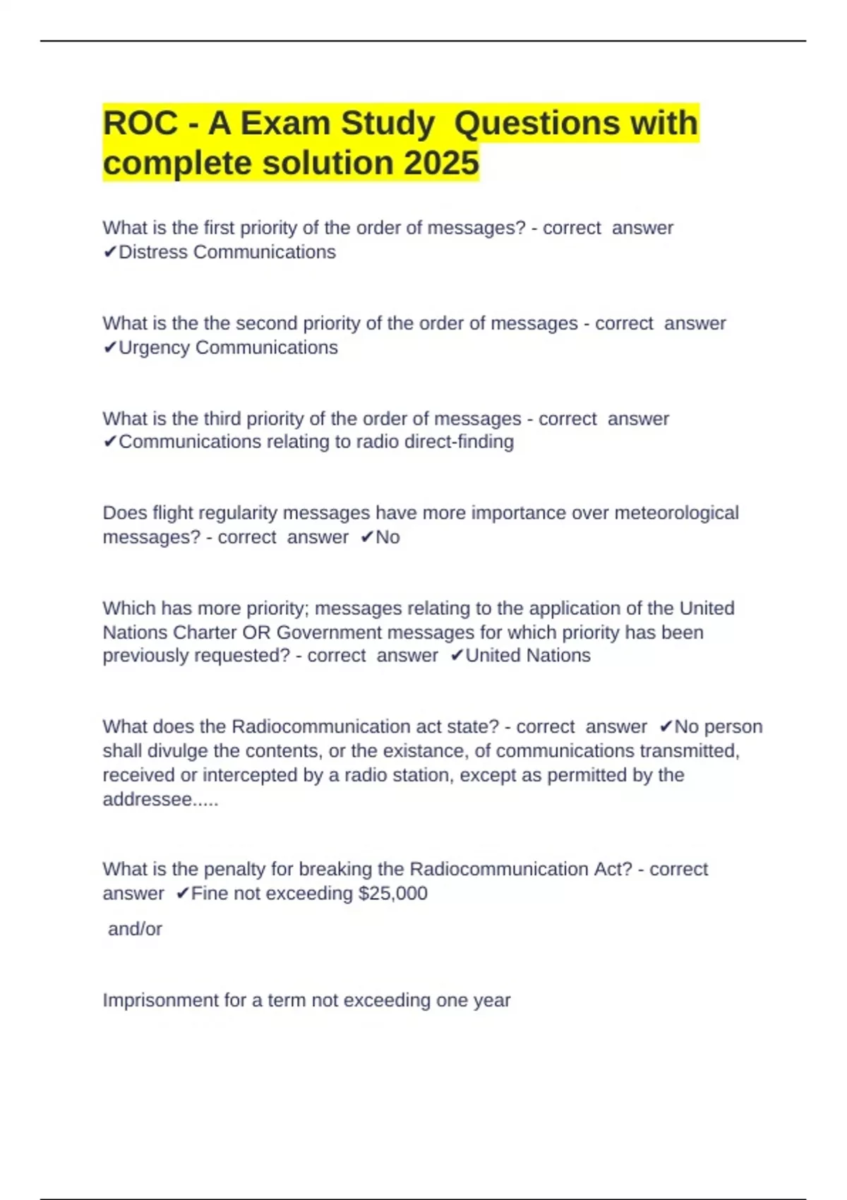 ROC - A Exam Study Questions with complete solution 2025 - ROC - A E ...