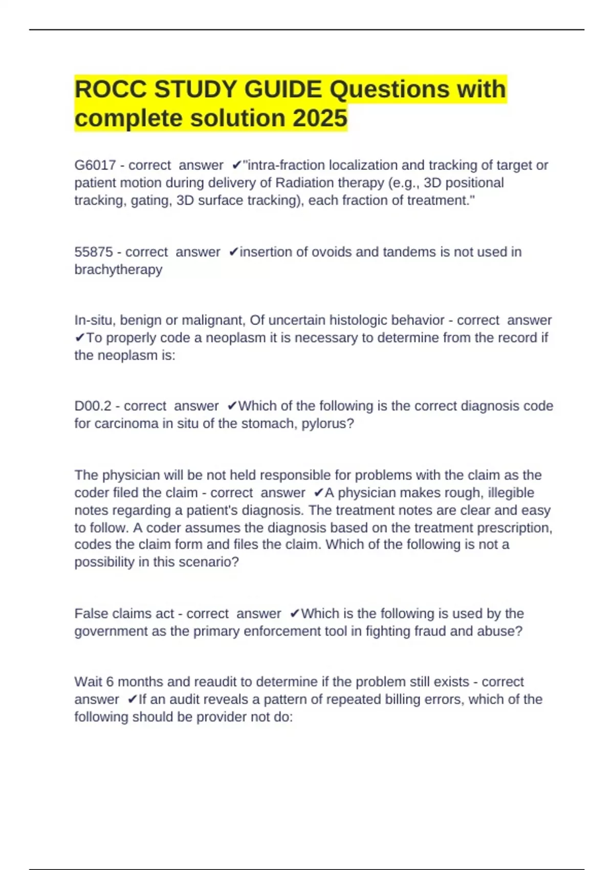 ROCC STUDY GUIDE Questions with complete solution 2025 - ROCC - Stuvia US