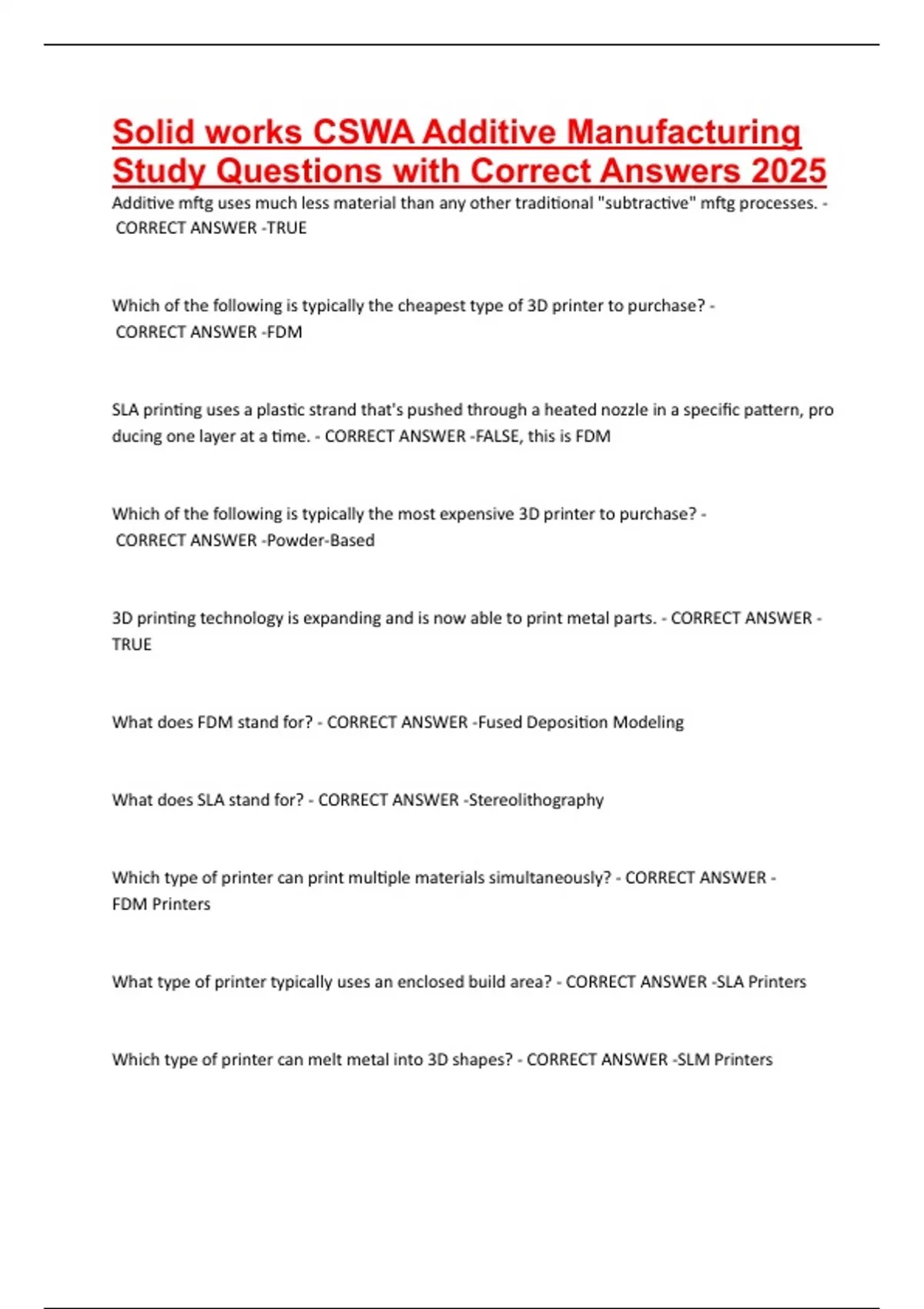 Solid works CSWA Additive Manufacturing Study Questions with Correct ...