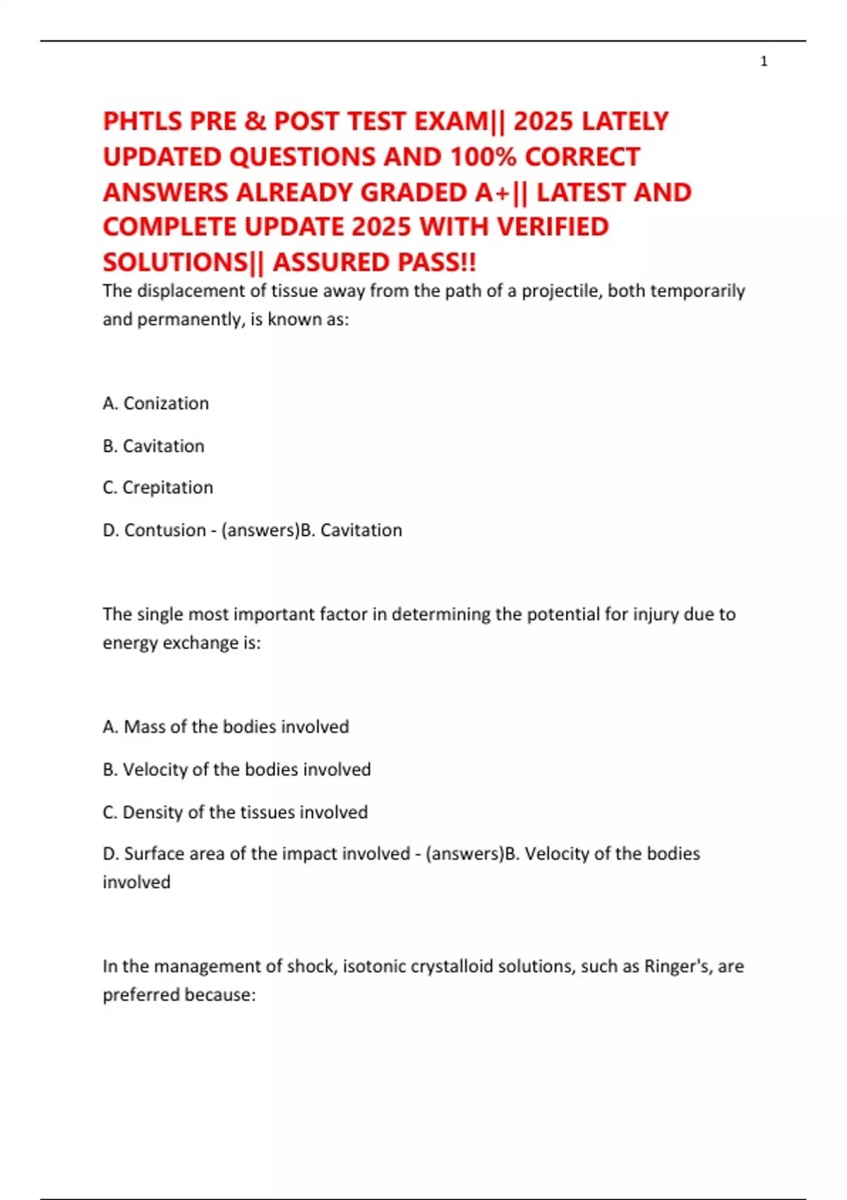 PHTLS PRE & POST TEST EXAM|| 2025 LATELY UPDATED QUESTIONS AND 100% ...