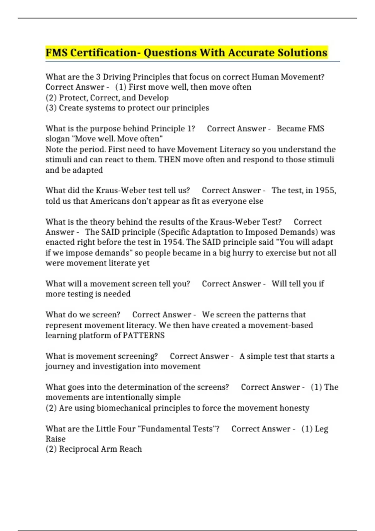 FMS Certification- Questions With Accurate Solutions - FMS - Stuvia US