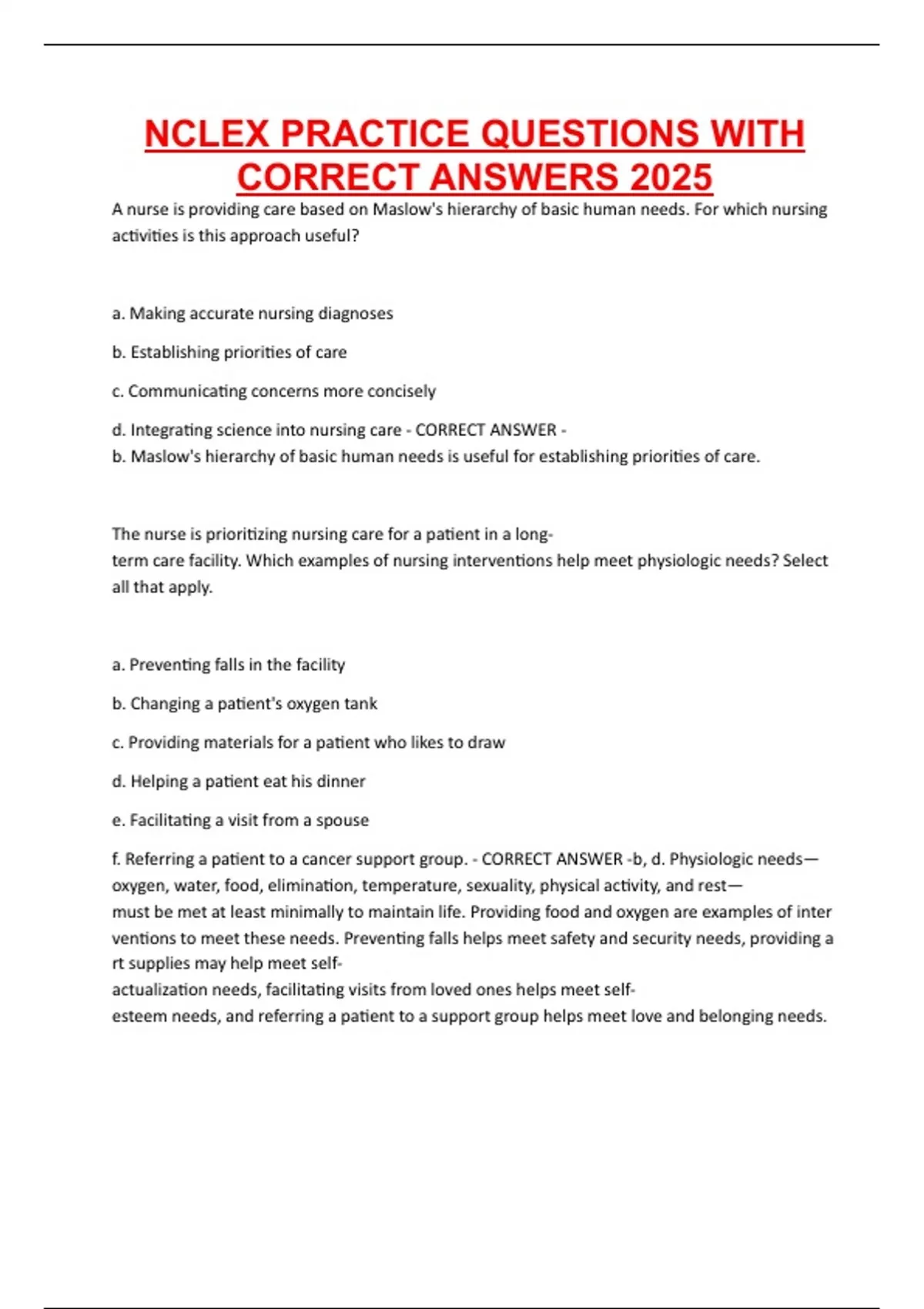 NCLEX PRACTICE QUESTIONS WITH CORRECT ANSWERS 2025 - Nclex - Stuvia US