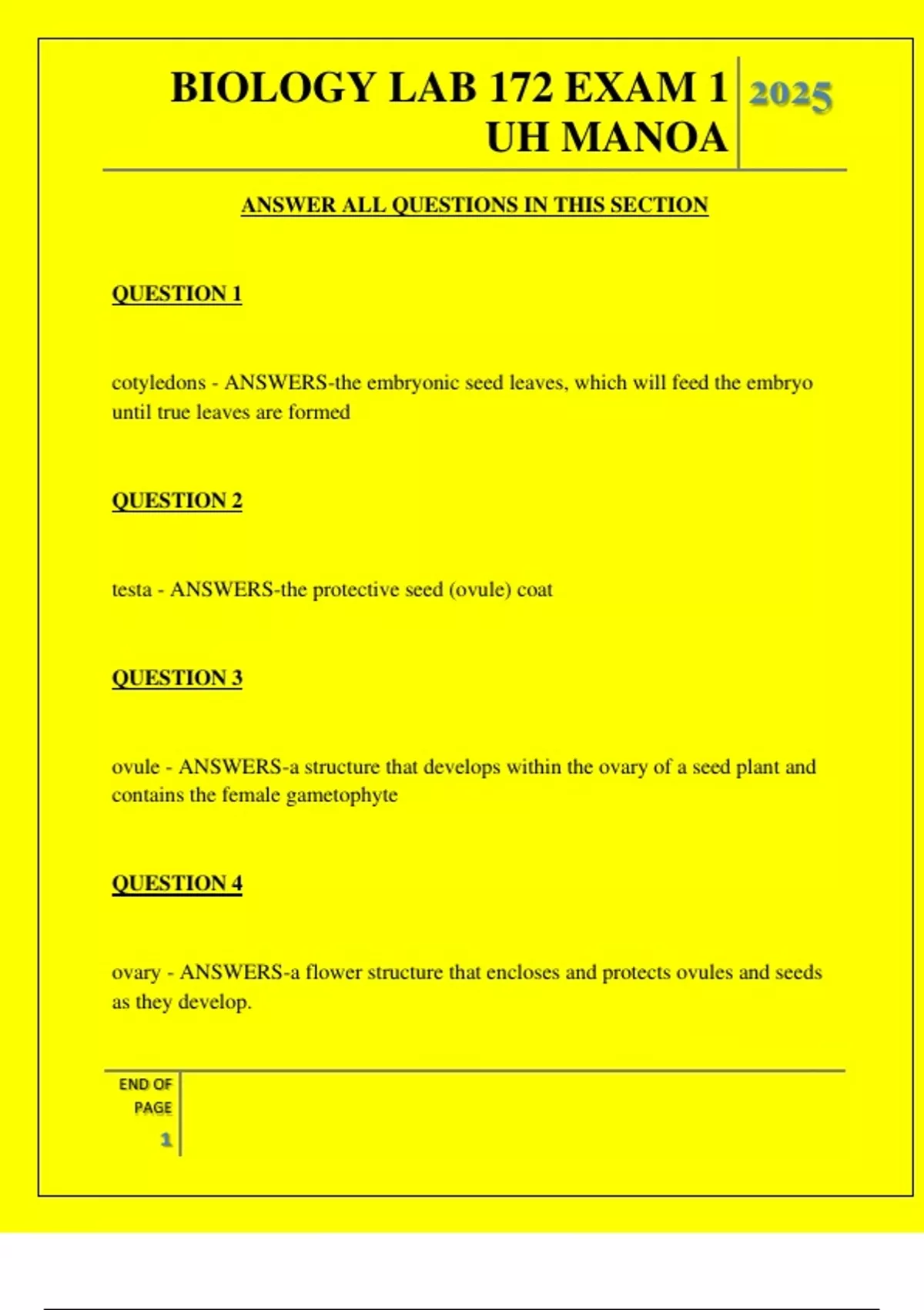 BIOLOGY LAB 172 EXAM 1 UH MANOA QUESTIONS AND ANSWERS 2025 - BIOLOGY LAB 172 UH MANOA - Stuvia US