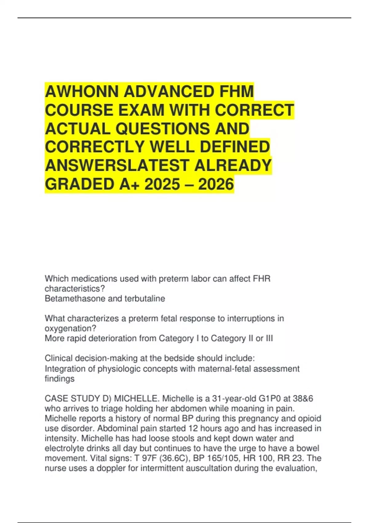 AWHONN ADVANCED FHM COURSE EXAM WITH CORRECT ACTUAL QUESTIONS AND ...
