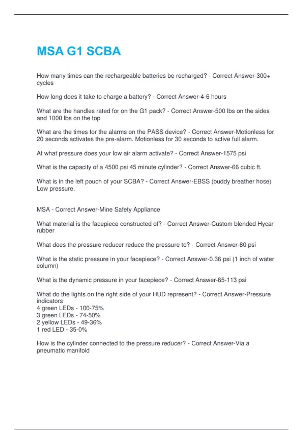 MSA G1 SCBA EXAM 2025 QUESTIONS WITH 100% VERIFIED SOLUTIONS, SCORED A+ - MSA G1 SCBA - Stuvia US