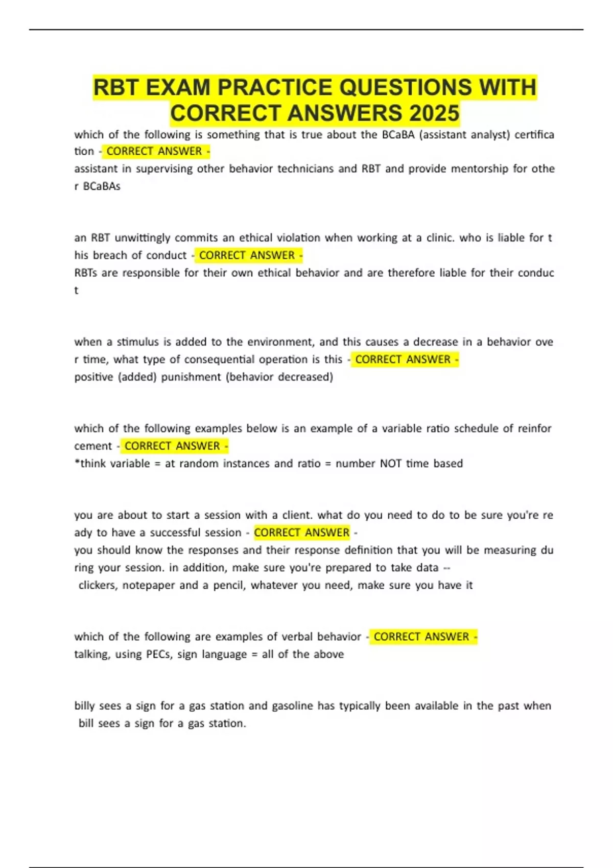 RBT EXAM PRACTICE QUESTIONS WITH CORRECT ANSWERS 2025 - Rbt - Stuvia US