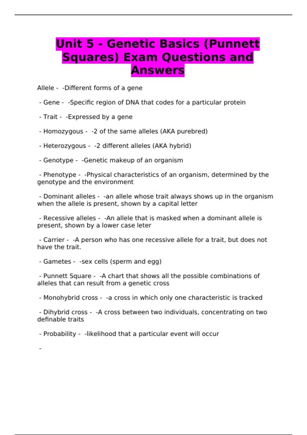 Unit 5 - Genetic Basics (Punnett Squares) Exam Questions and Answers - Unit 5 - Genetic Basics ...